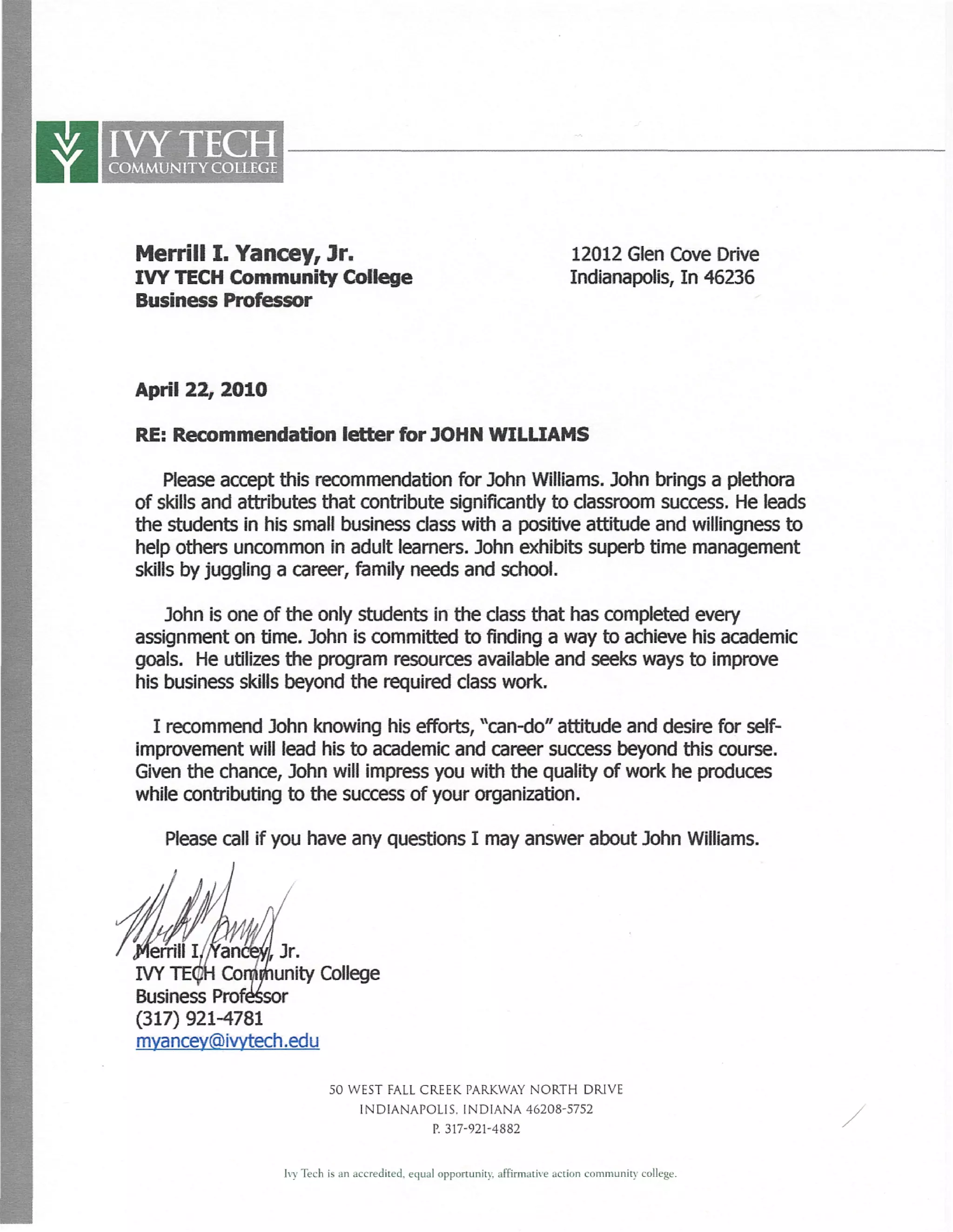 Ivy Tech Letter of Recommendation.PDF
