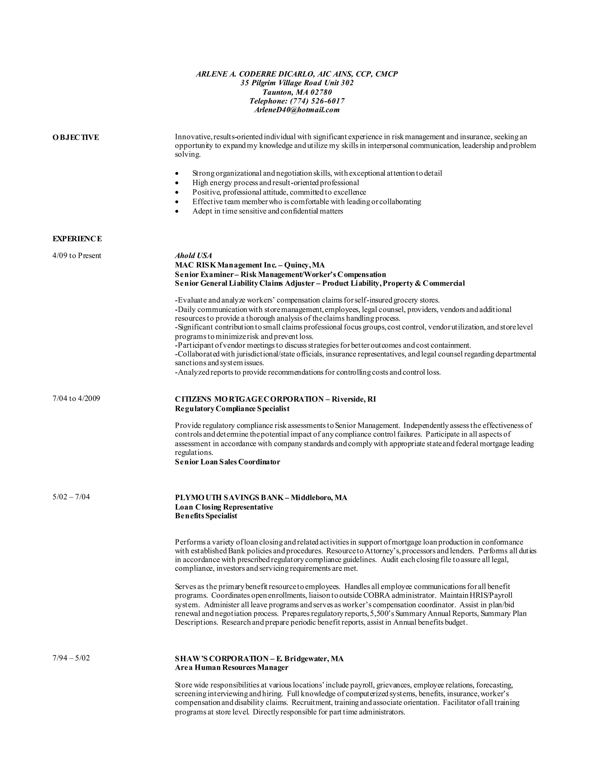 Arlene A Coderre DiCarlo Resume2 | DOCX