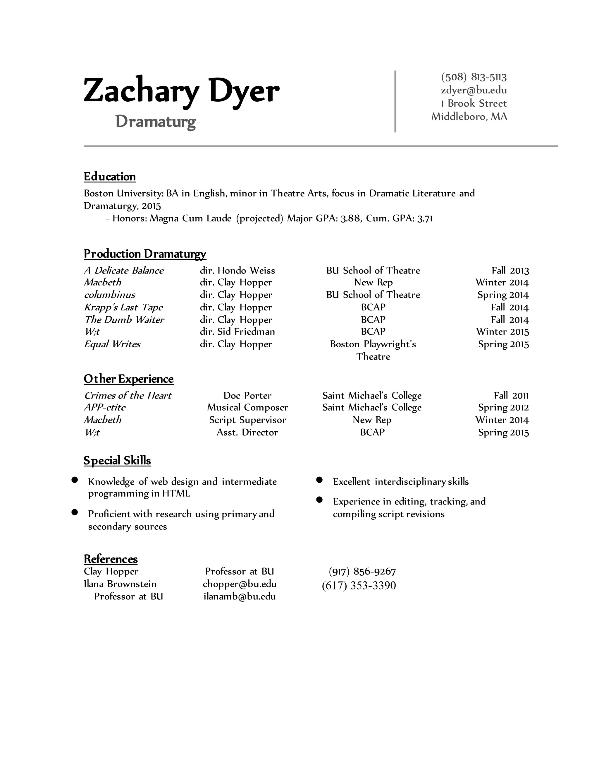 Dramaturgy Resume | DOCX