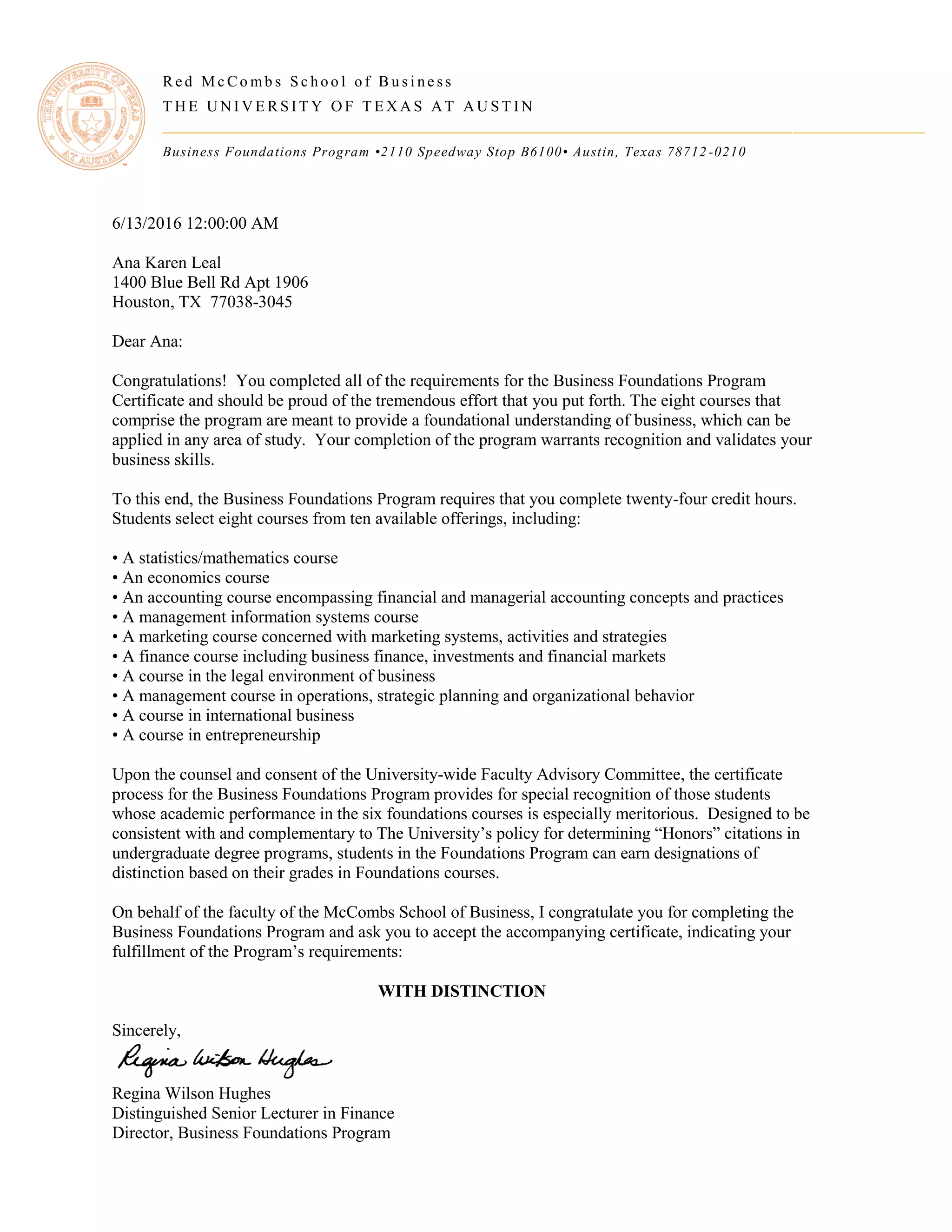 McCombs School Of Business Letter PDF