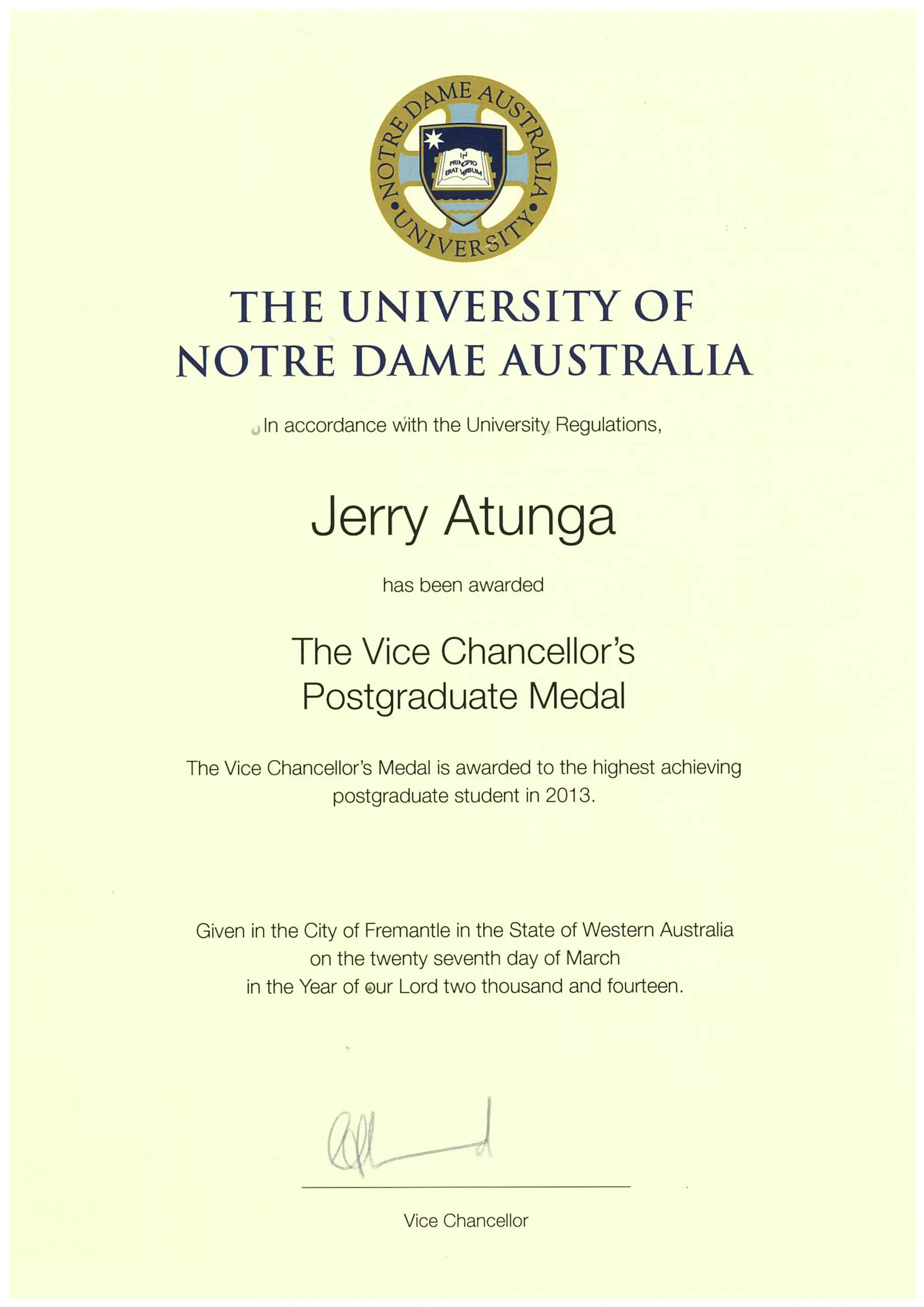 VC PostGraduate Medal Certificate | PDF