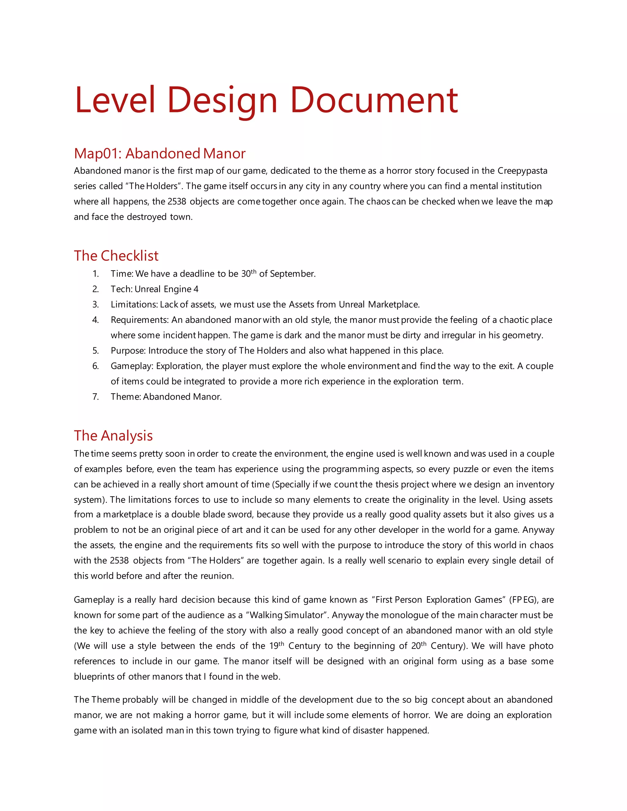 Abandoned manor Level Design Document | DOCX