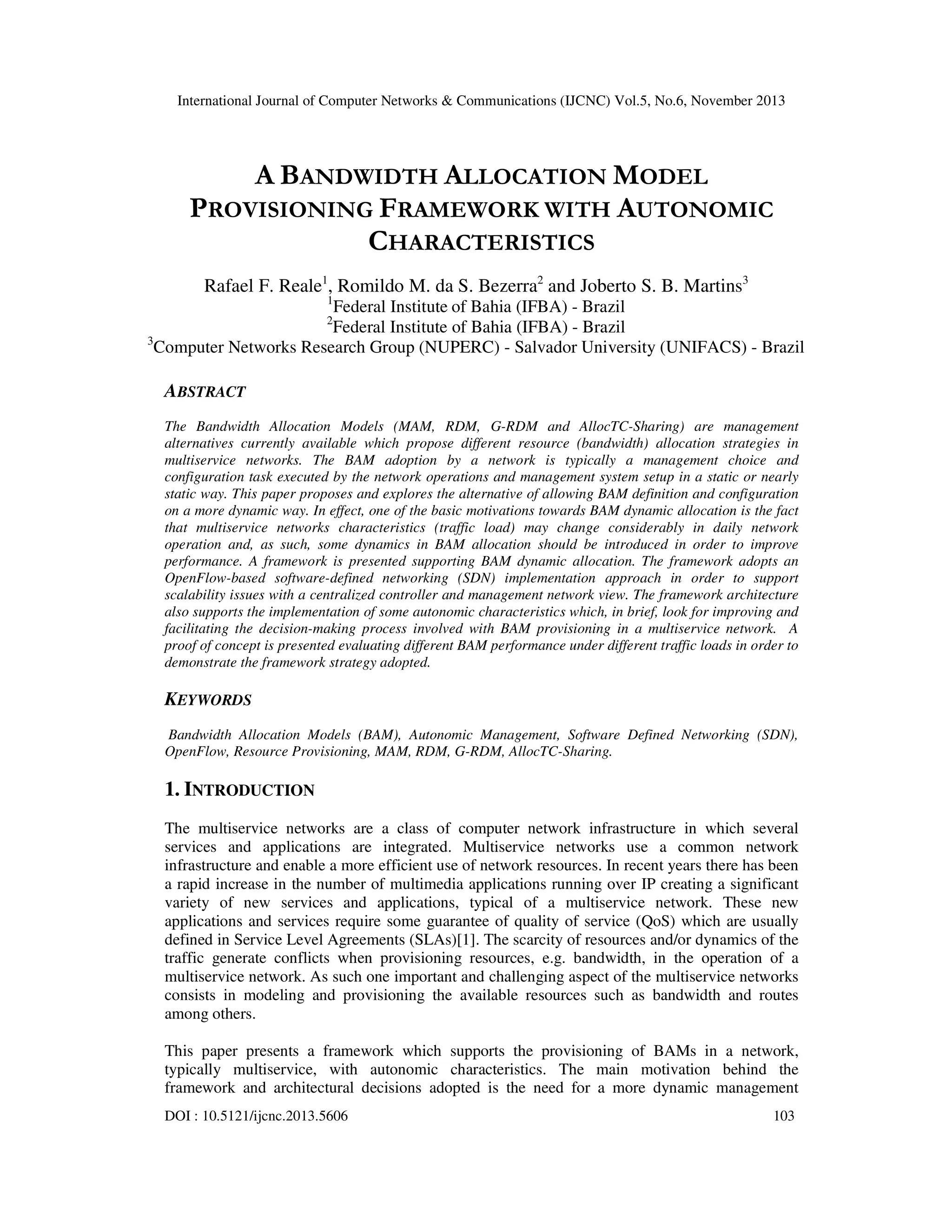 A Bandwidth Allocation Model Provisioning Framework With Autonomic Characteristics Pdf