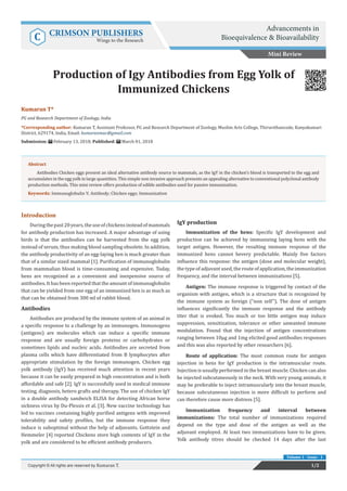 Crimson Publishers-Production of Igy Antibodies from Egg Yolk of Immunized Chickens | PDF