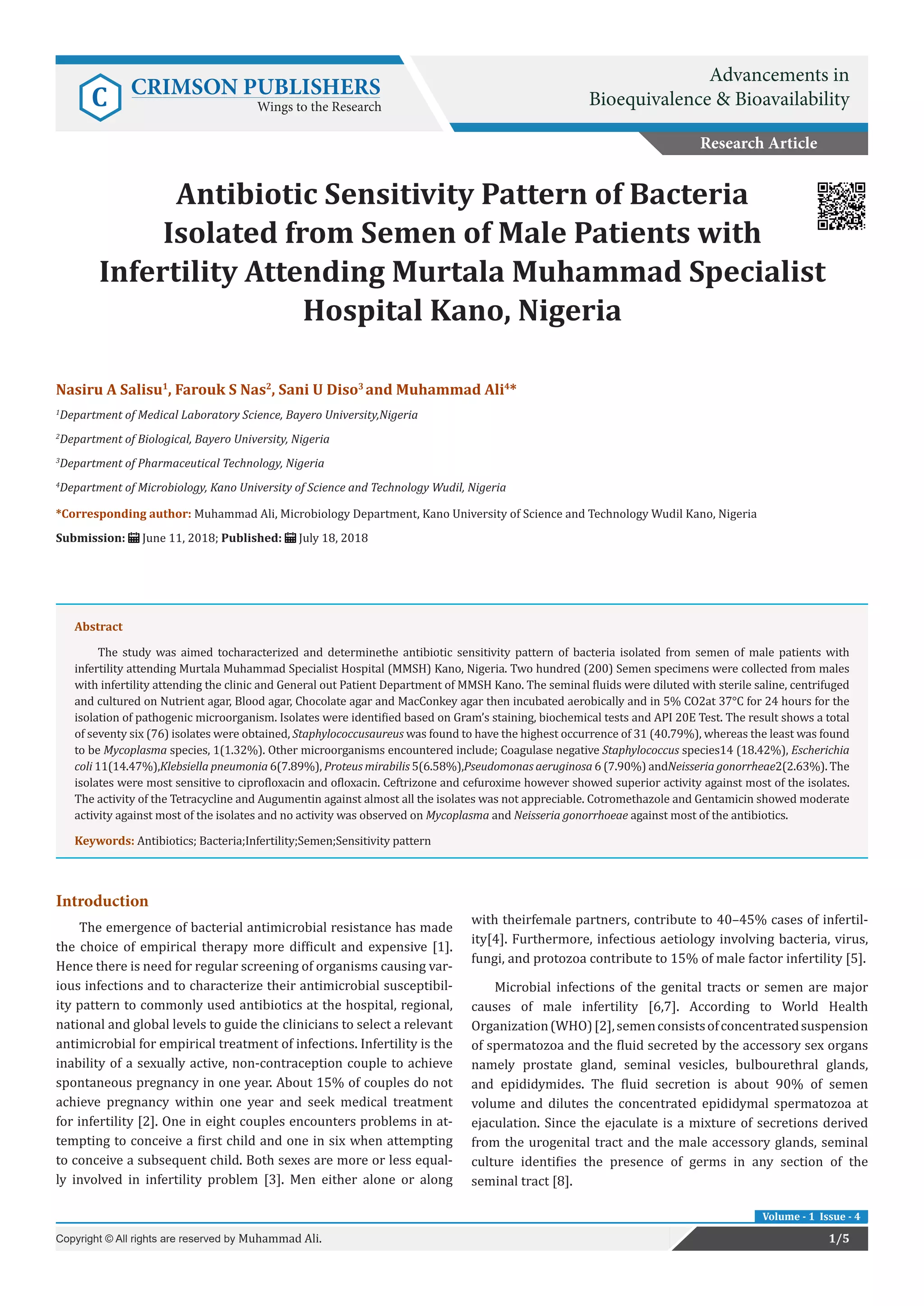 Crimson Publishers-Antibiotic Sensitivity Pattern of Bacteria Isolated from Semen of Male ...