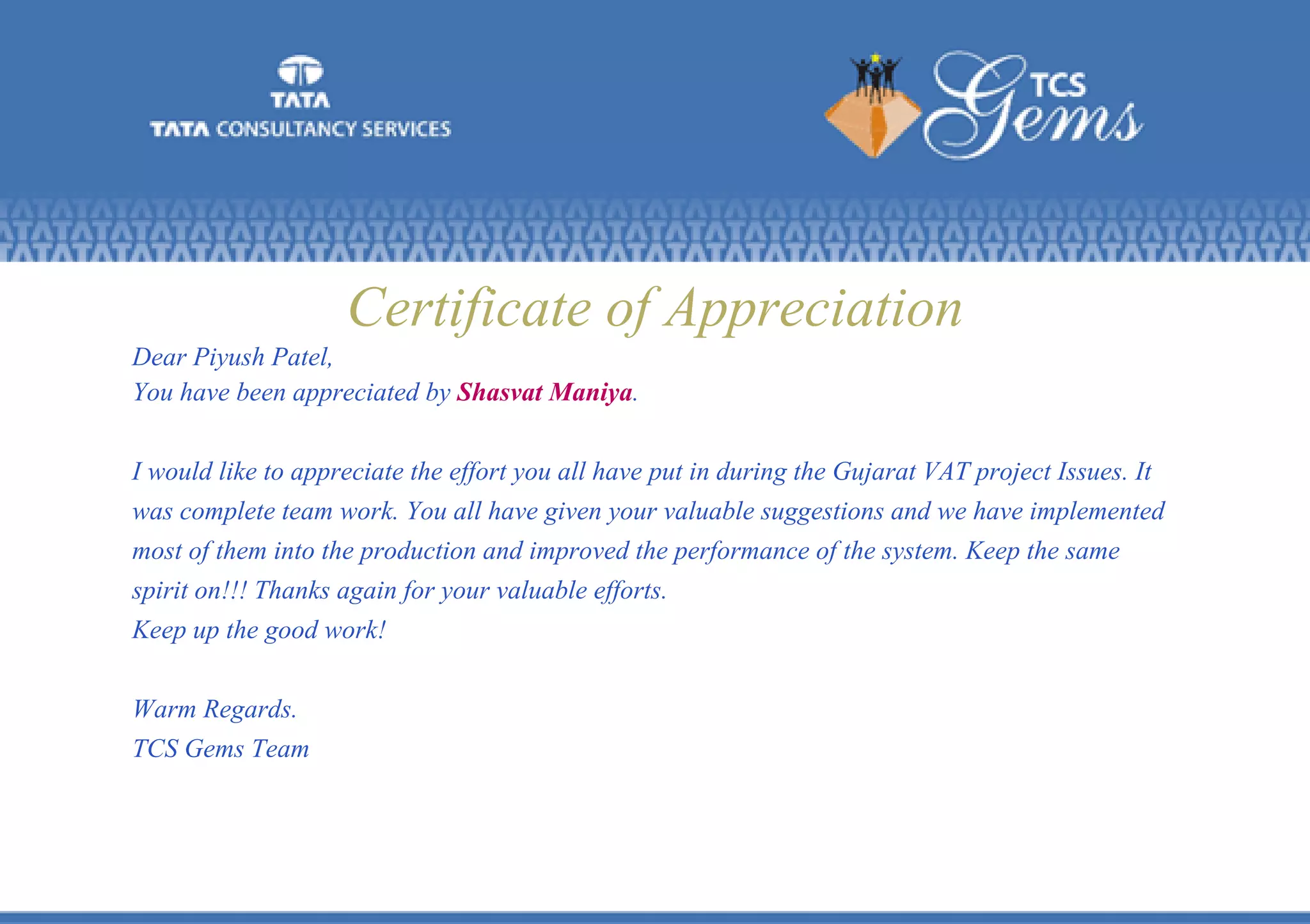 Appreciation-TCS-Shasvat Maniya | PDF