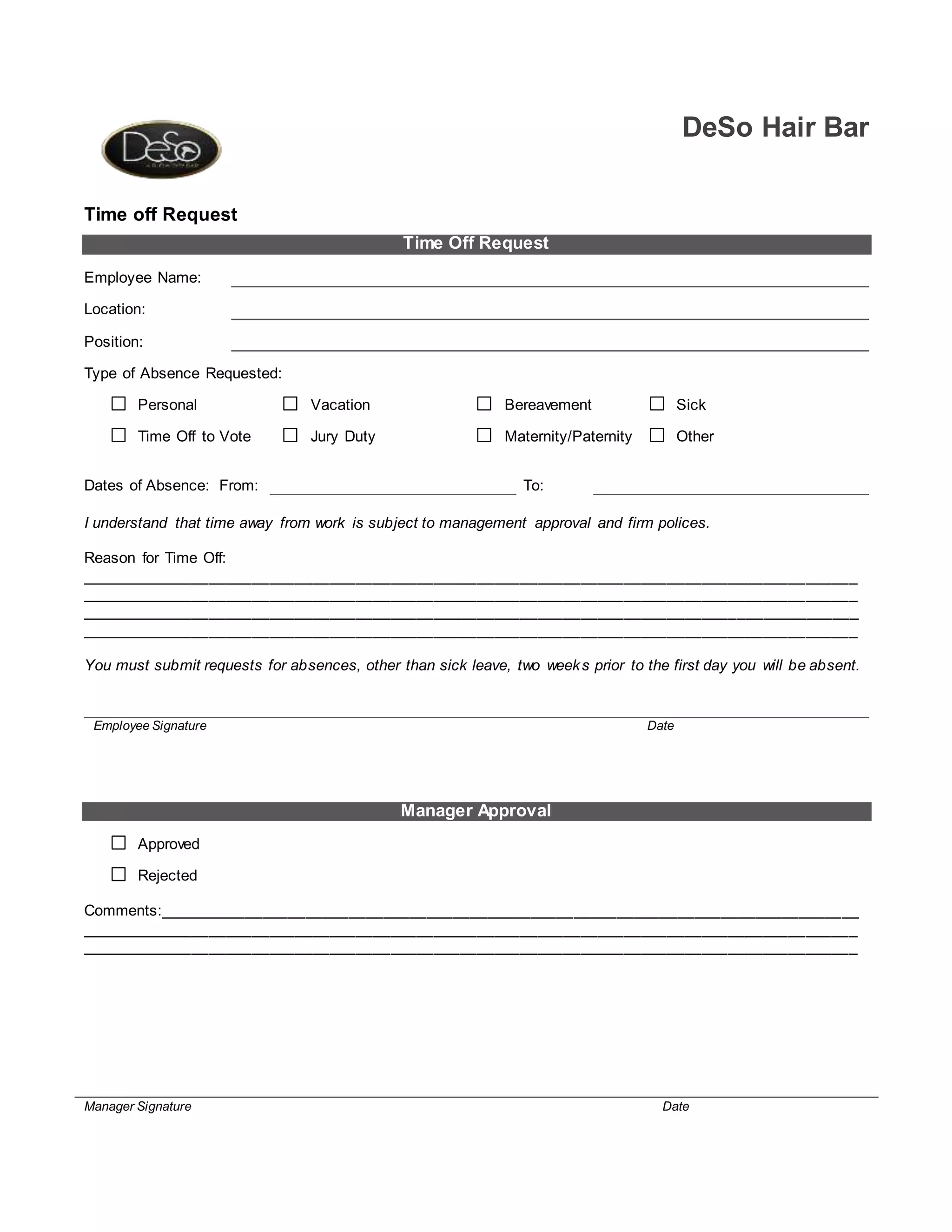 DeSo Time Off Request Form | DOCX | Careers