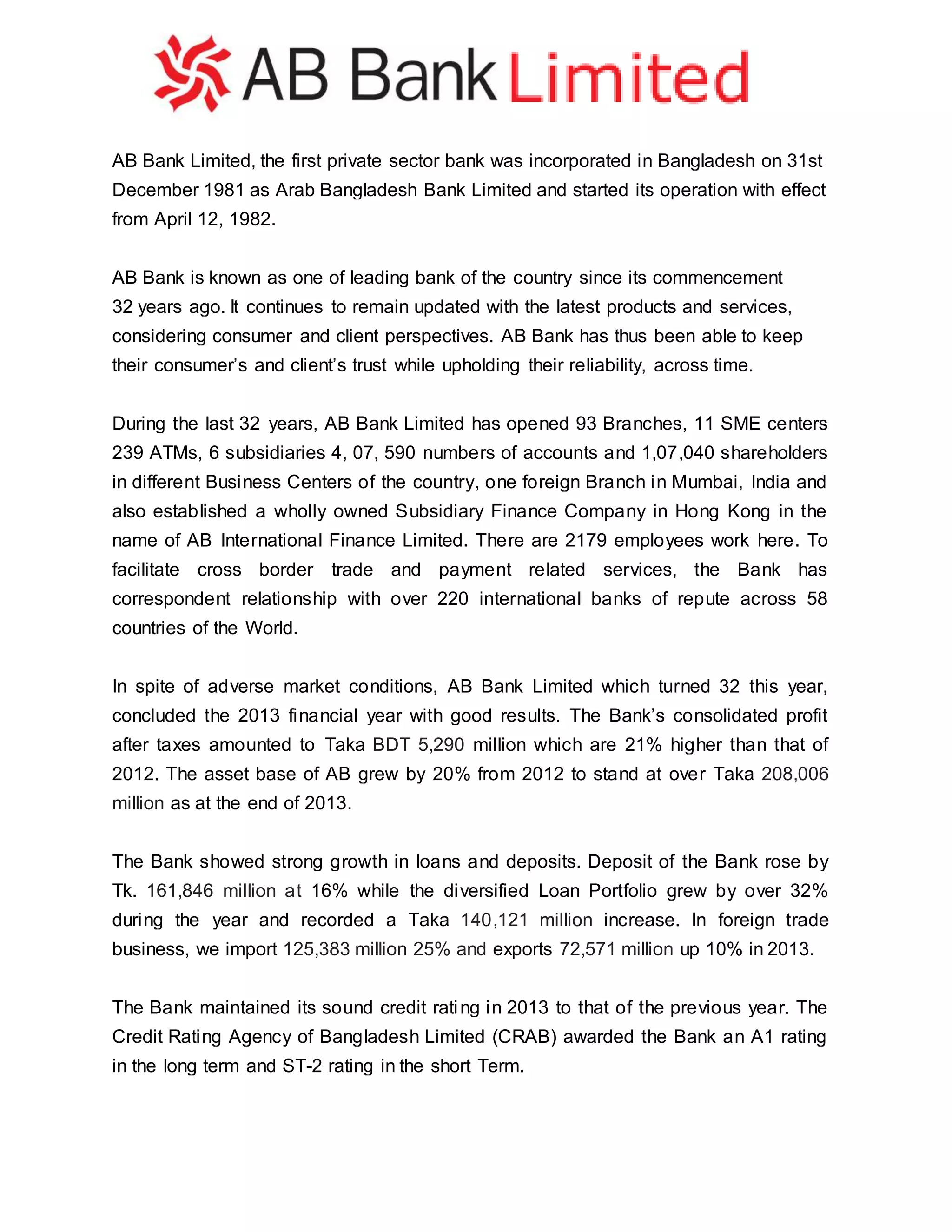 AB Bank Ltd. | DOCX | Business Banking & Finance | Business