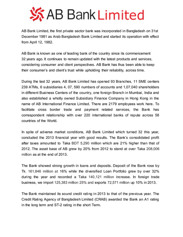 AB Bank Ltd. | DOCX | Business Banking & Finance | Business