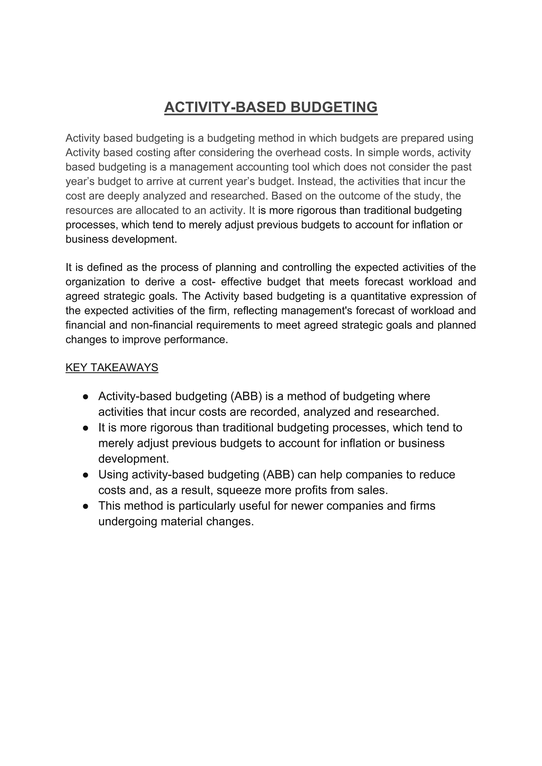 ACTIVITY BASED BUDGETING & BUDGETING CYCLE | PDF