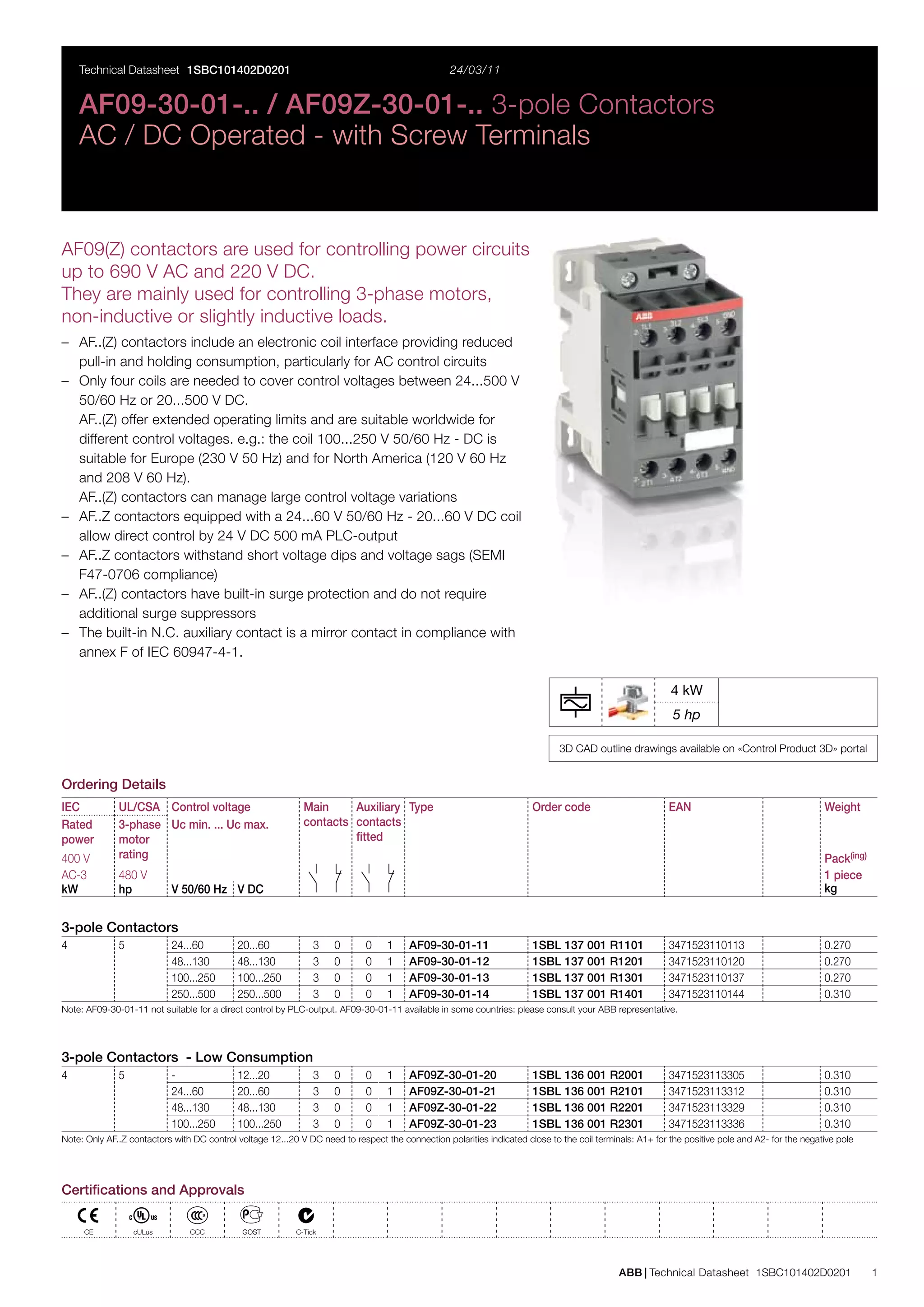 ABB Contactors - 3 Pole Contactors ABB AF09 AF09Z (AC DC) Contactors | PDF