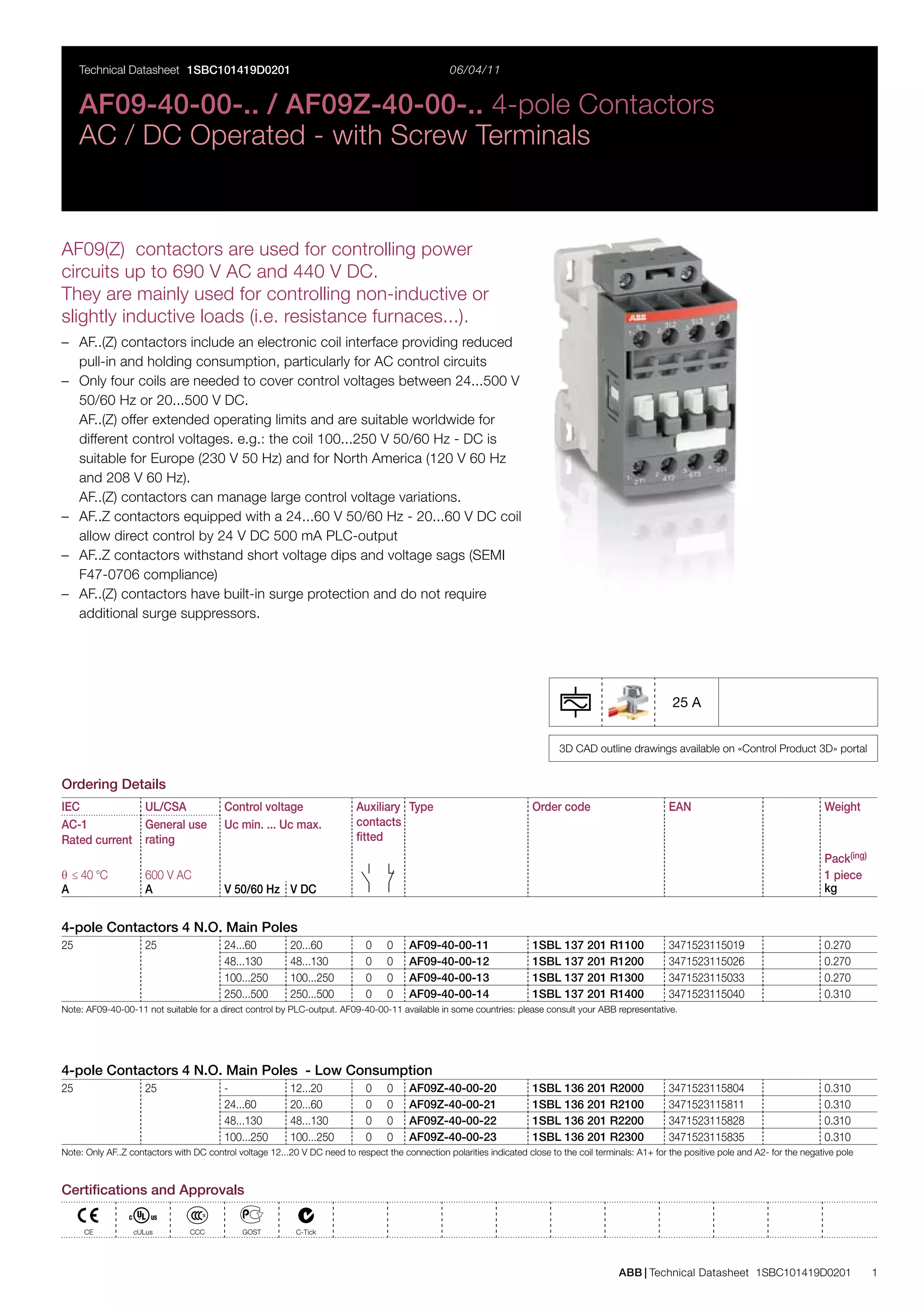 ABB Contactors - 4 Pole Contactors ABB AF09 AF09Z (AC DC) Contactors | PDF