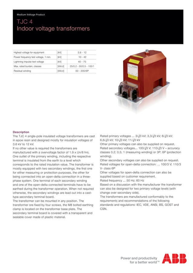 ABB Medium Voltage MV Indoor Voltage Transformers VT'S - 3.3kV to 40.5kV - ABB KGUG, ABB TDC ...