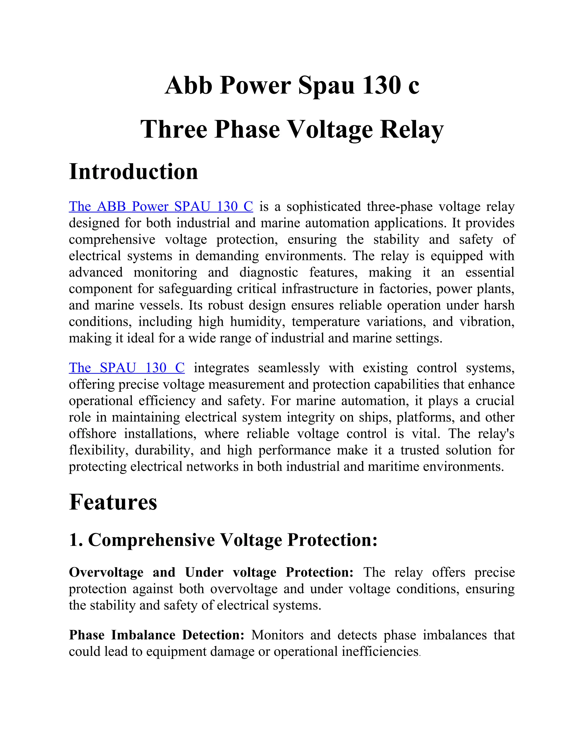 Abb power spau 130 c three phase voltage relay | DOCX