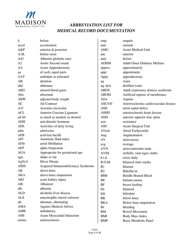 Abbreviation-List-for-Medical-Record-Documentation-.pdf | Blood ...