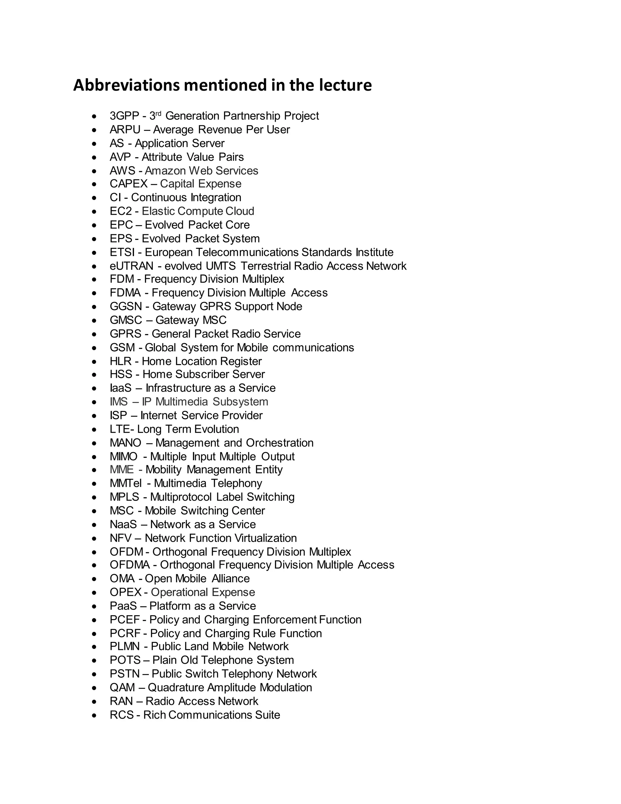 Telecom Abbreviations | DOCX