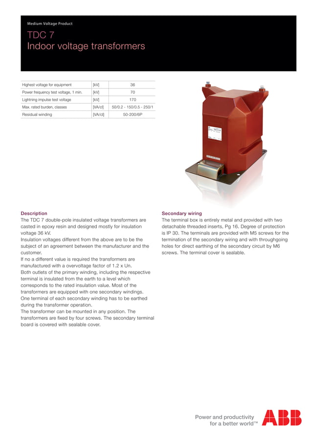 ABB TDC Voltage Transformer - ABB MV Medium Voltage Transformer - Indoor Cast Resin Voltage ...