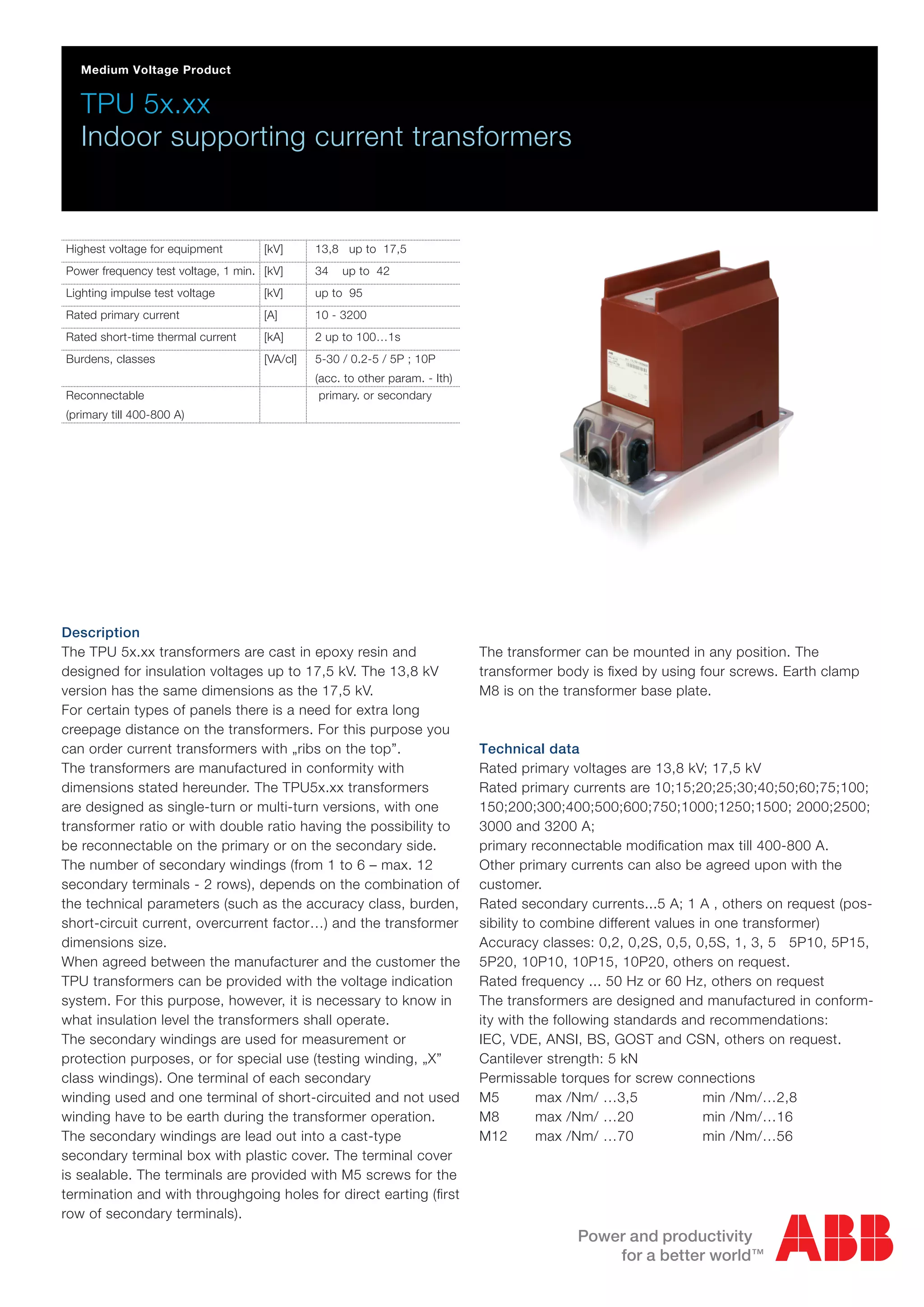 ABB TPU5 Indoor Current Transformers (CT) MV Medium Voltage 13.8kV 17 ...