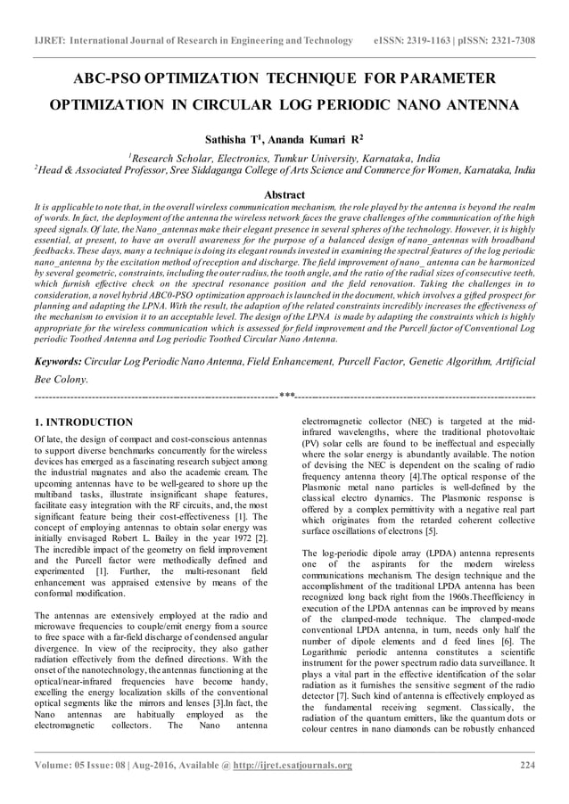 Abc Pso Optimization Technique For Parameter Optimization In Circular Log Periodic Nano Antenna