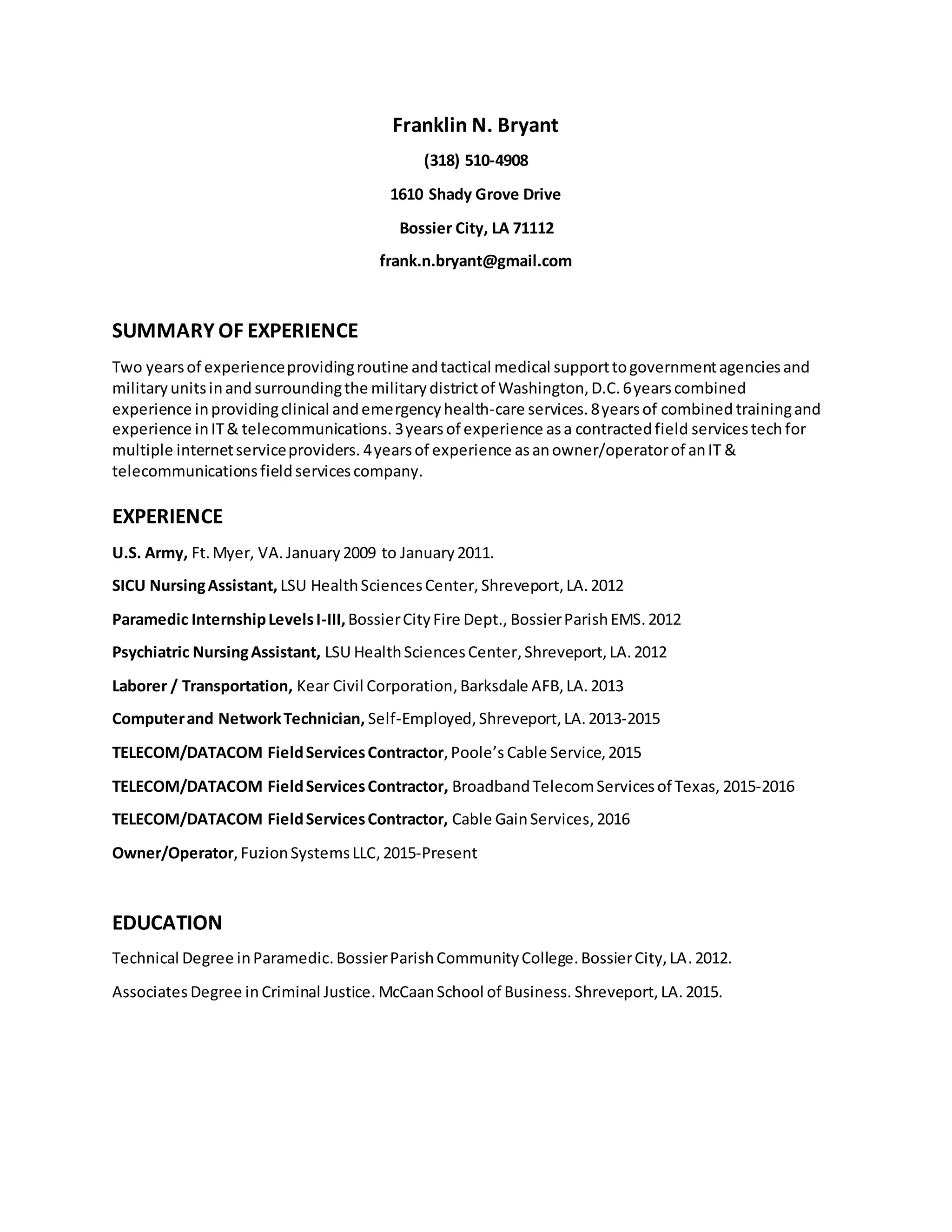 Frank Bryant - Resume 2017 | DOCX | Business and Finance