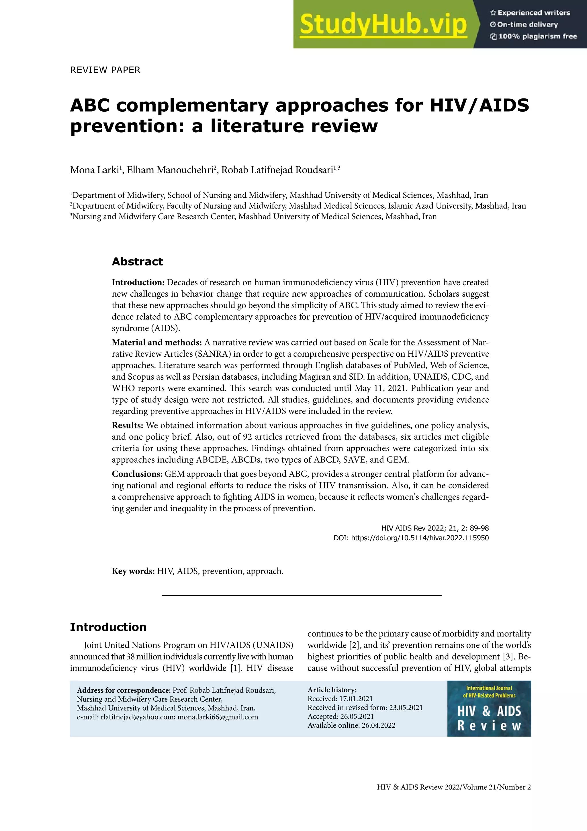 ABC Complementary Approaches For HIV AIDS Prevention A Literature ...