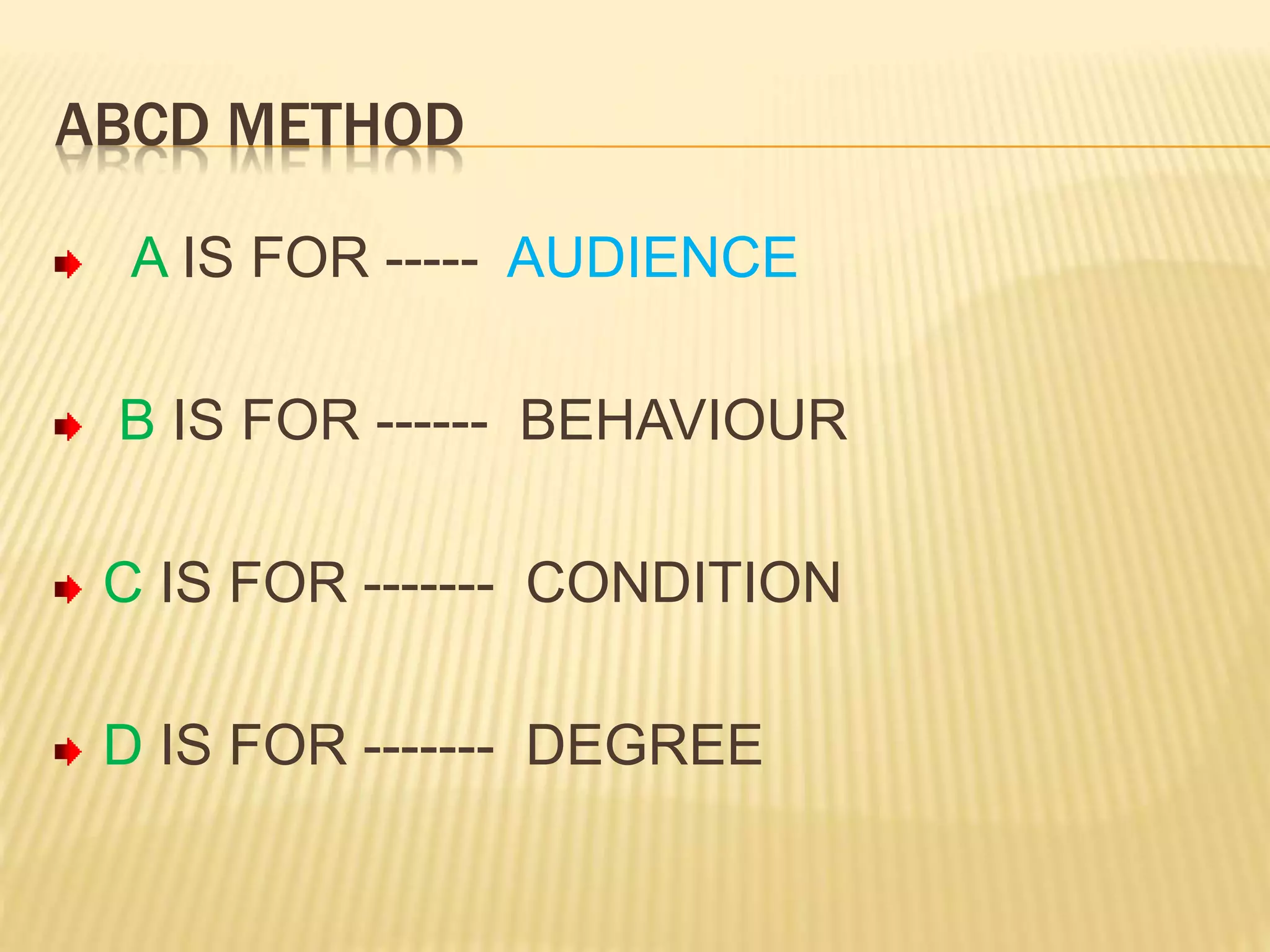 ABCD Method of writing Instructional Objectives | PPTX