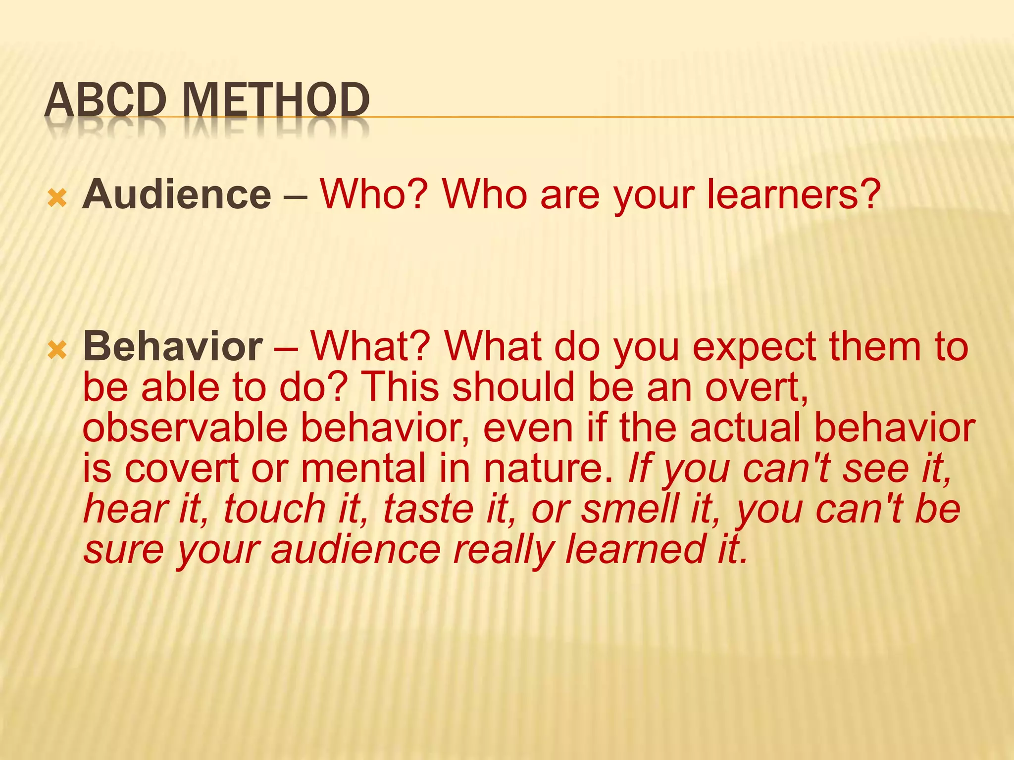 ABCD Method of writing Instructional Objectives | PPTX