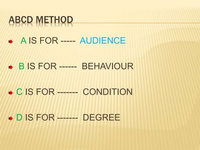 ABCD Method of writing Instructional Objectives | PPTX