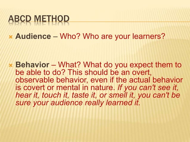 ABCD Method of writing Instructional Objectives | PPTX