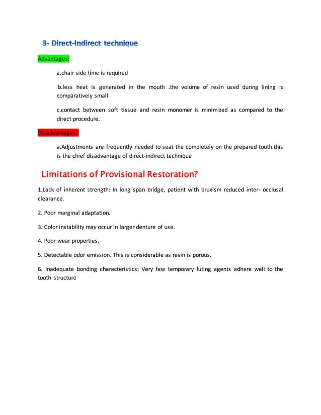 Steps For fixed Provisionals | DOCX | Oral care | Personal Care