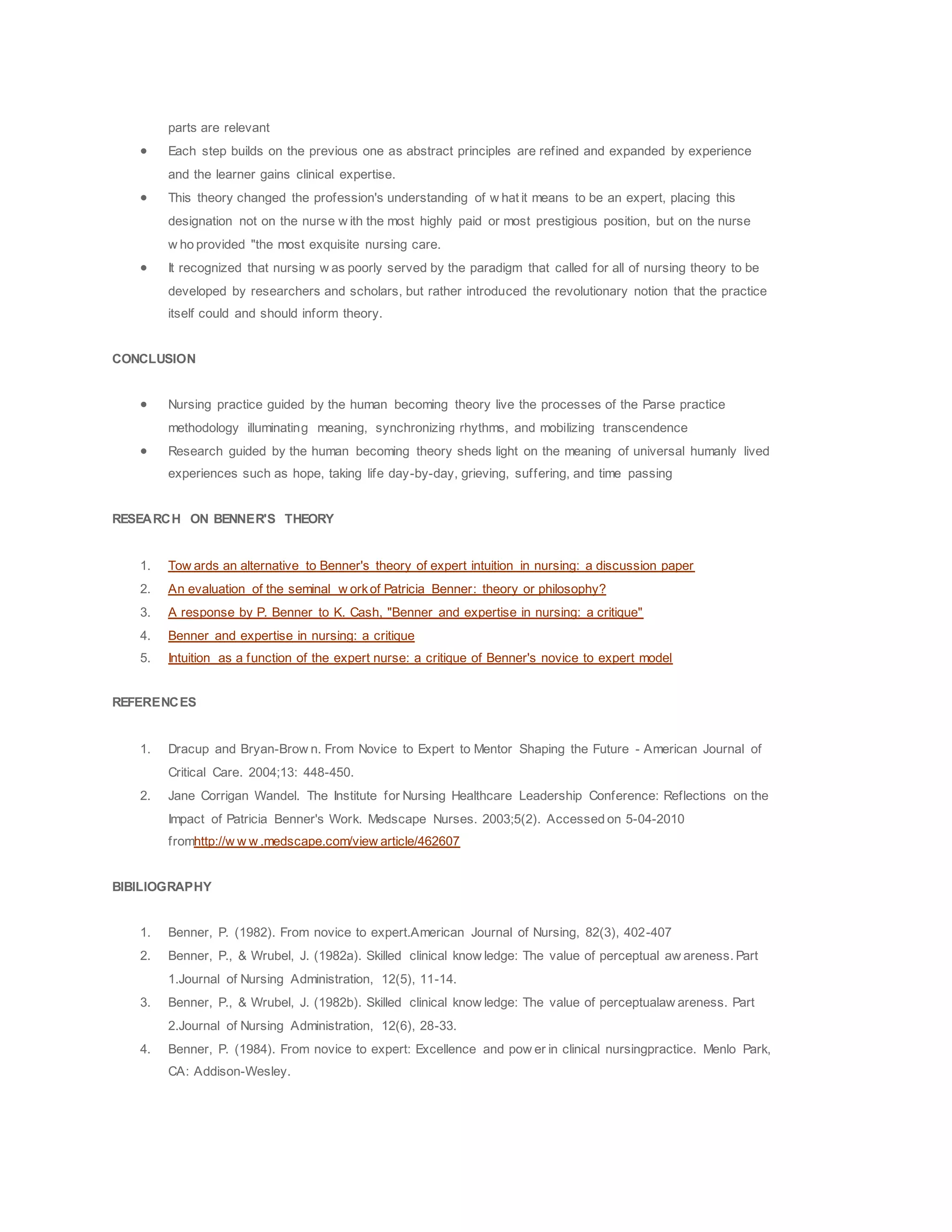 Patricia E. Benner nursing theory | DOCX