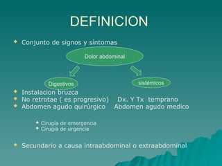 Examen clínico, físico y fisiopatología de Abdomen Agudo | PPTX