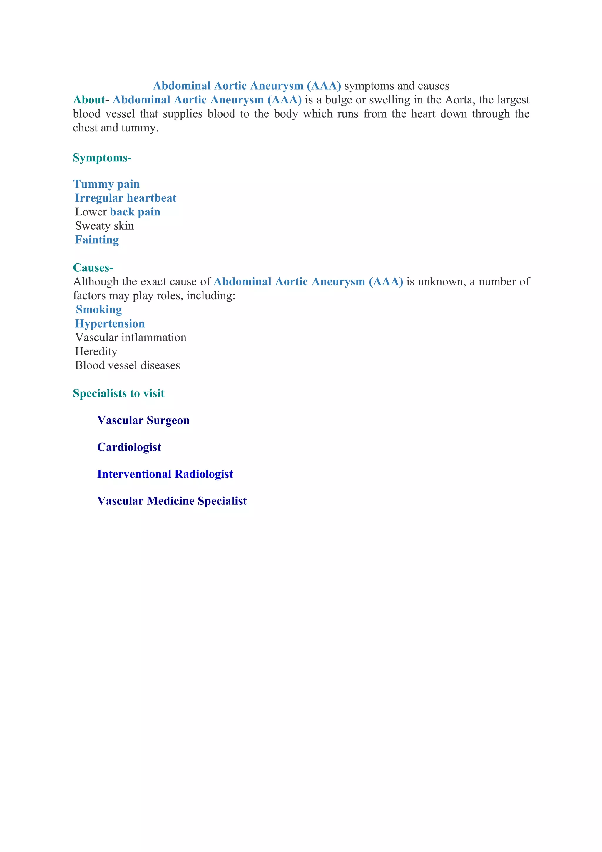 Abdominal aortic aneurysm aaa symptoms and causes | PDF