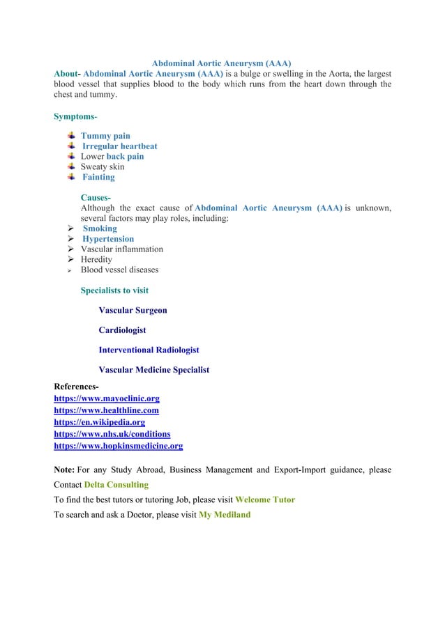 Abdominal aortic aneurysm aaa symptoms and causes | PDF