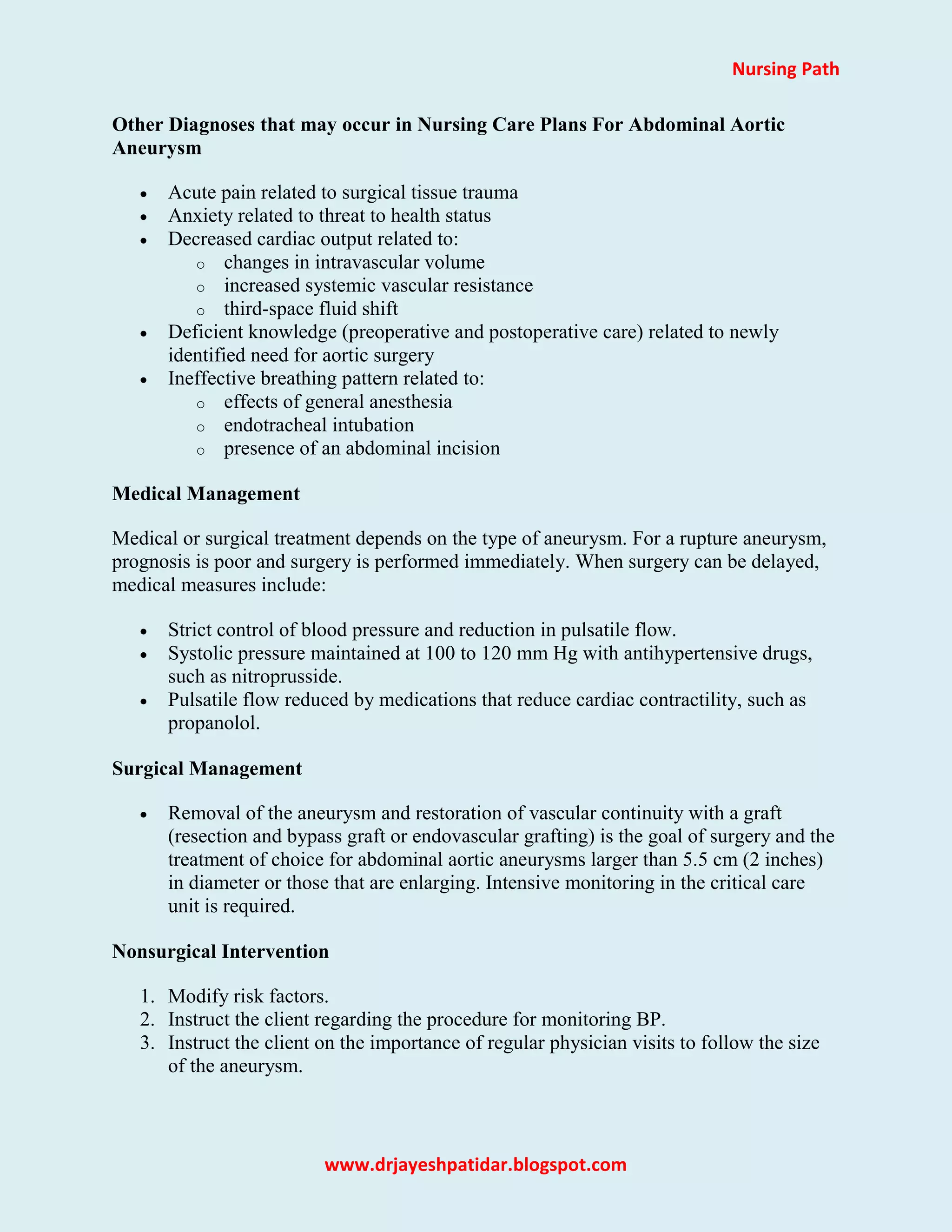 Abdominal Aortic Aneurysm Nursing Care Plan and Management | PDF