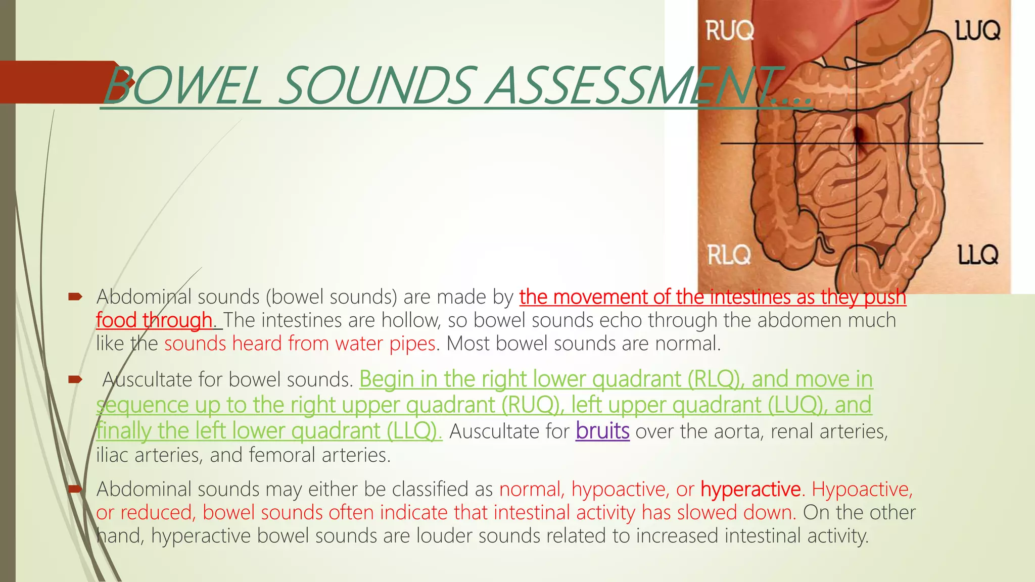 ABDOMINAL ASSESSMENT ASSESSMENT, AUSCULTAION, PERCUSSION & PALPATION ...