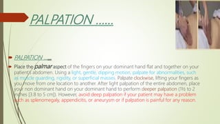 ABDOMINAL ASSESSMENT ASSESSMENT, AUSCULTAION, PERCUSSION & PALPATION ...