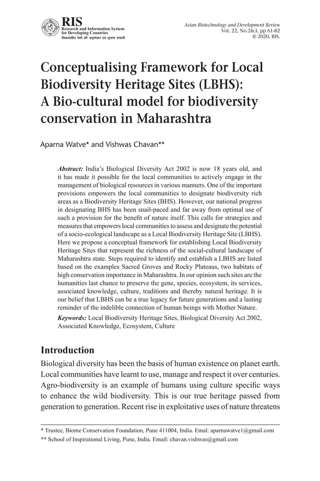 Conceptualising Framework For Local Biodiversity Heritage Sites Lbhs