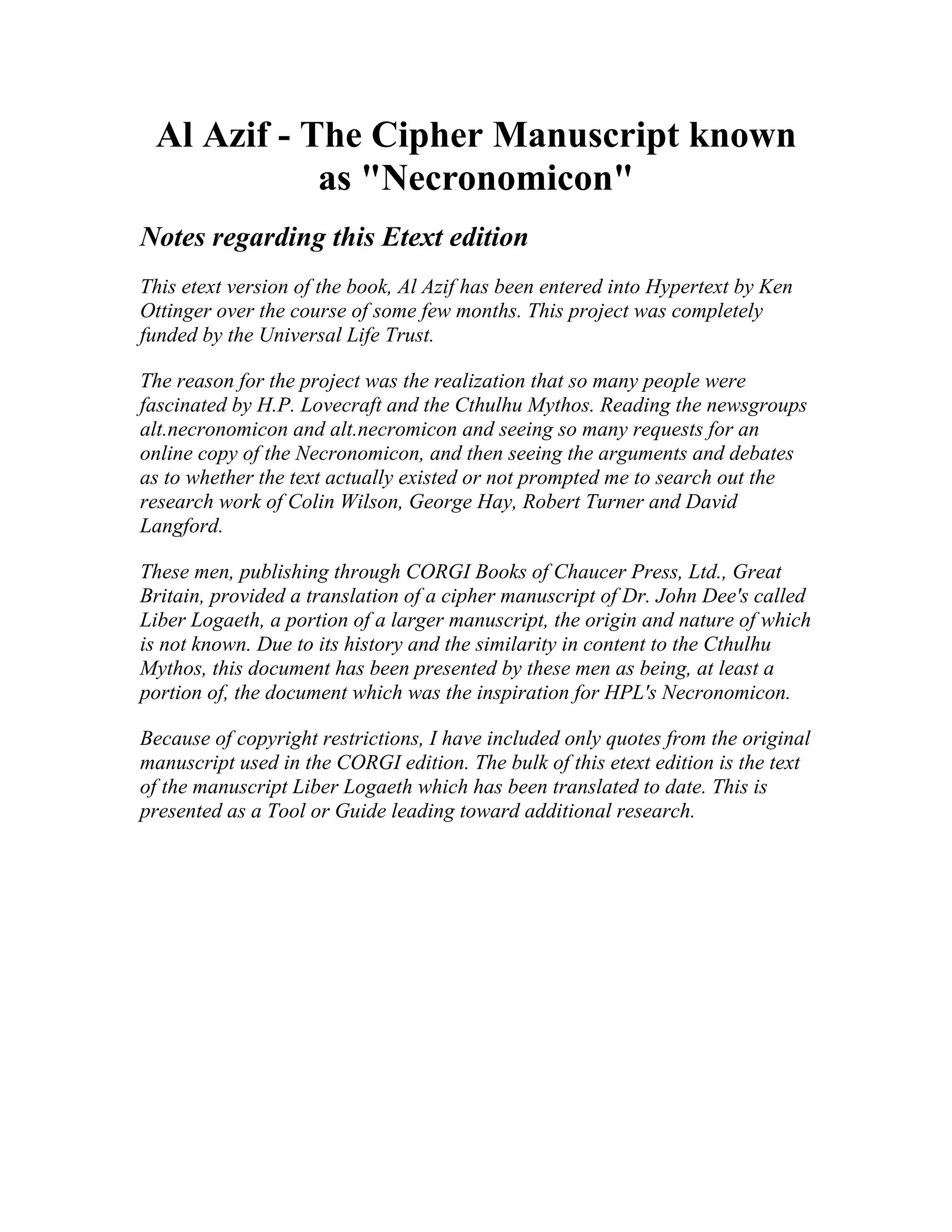 Abdul alhazred al azif the cipher manuscript known as necronomicon | PDF