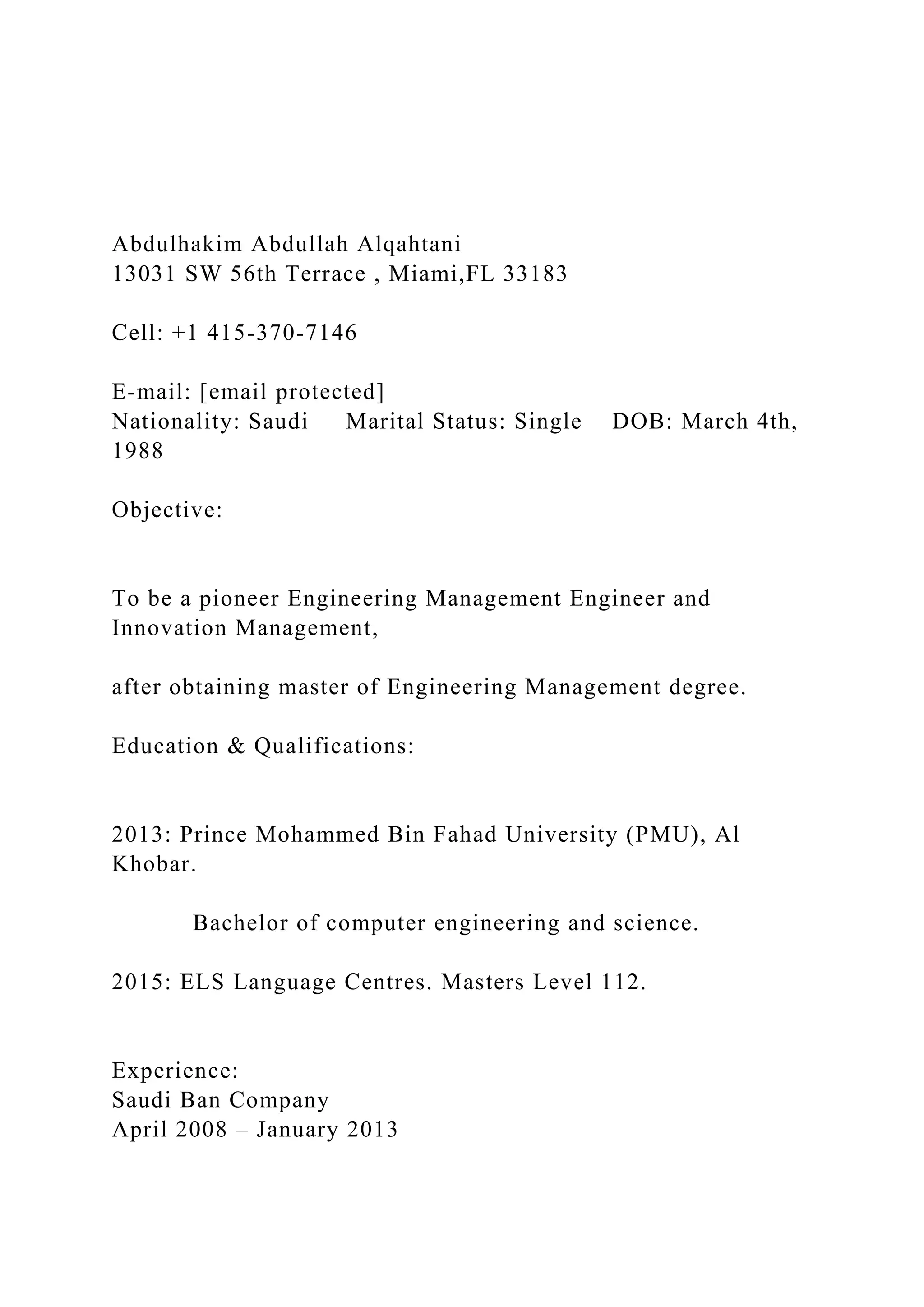 Abdulhakim Abdullah Alqahtani 13031 SW 56th Terrace , Miami,.docx | Business Administration ...