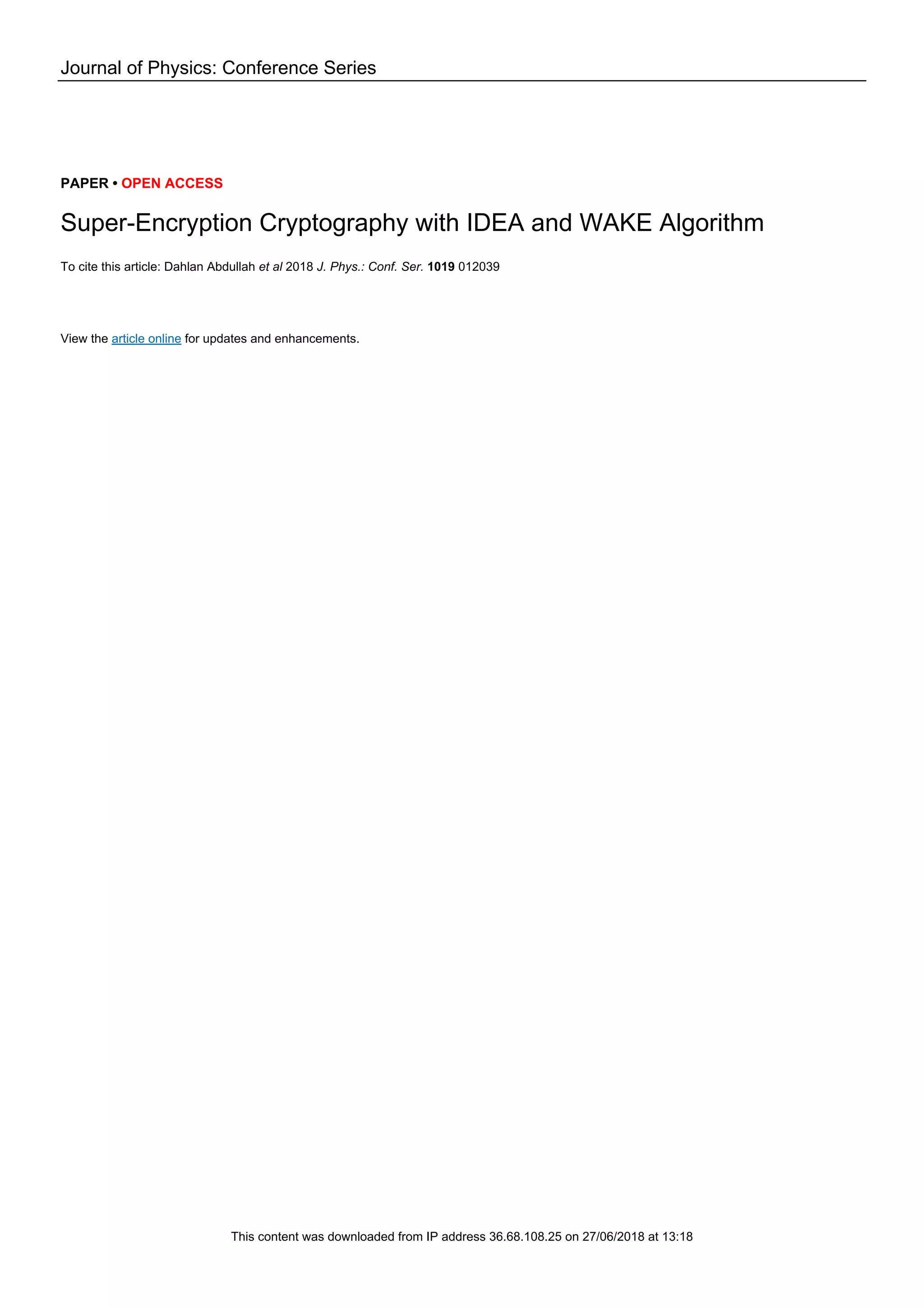 Super Encryption Cryptography With Idea And Wake Algorithm Pdf
