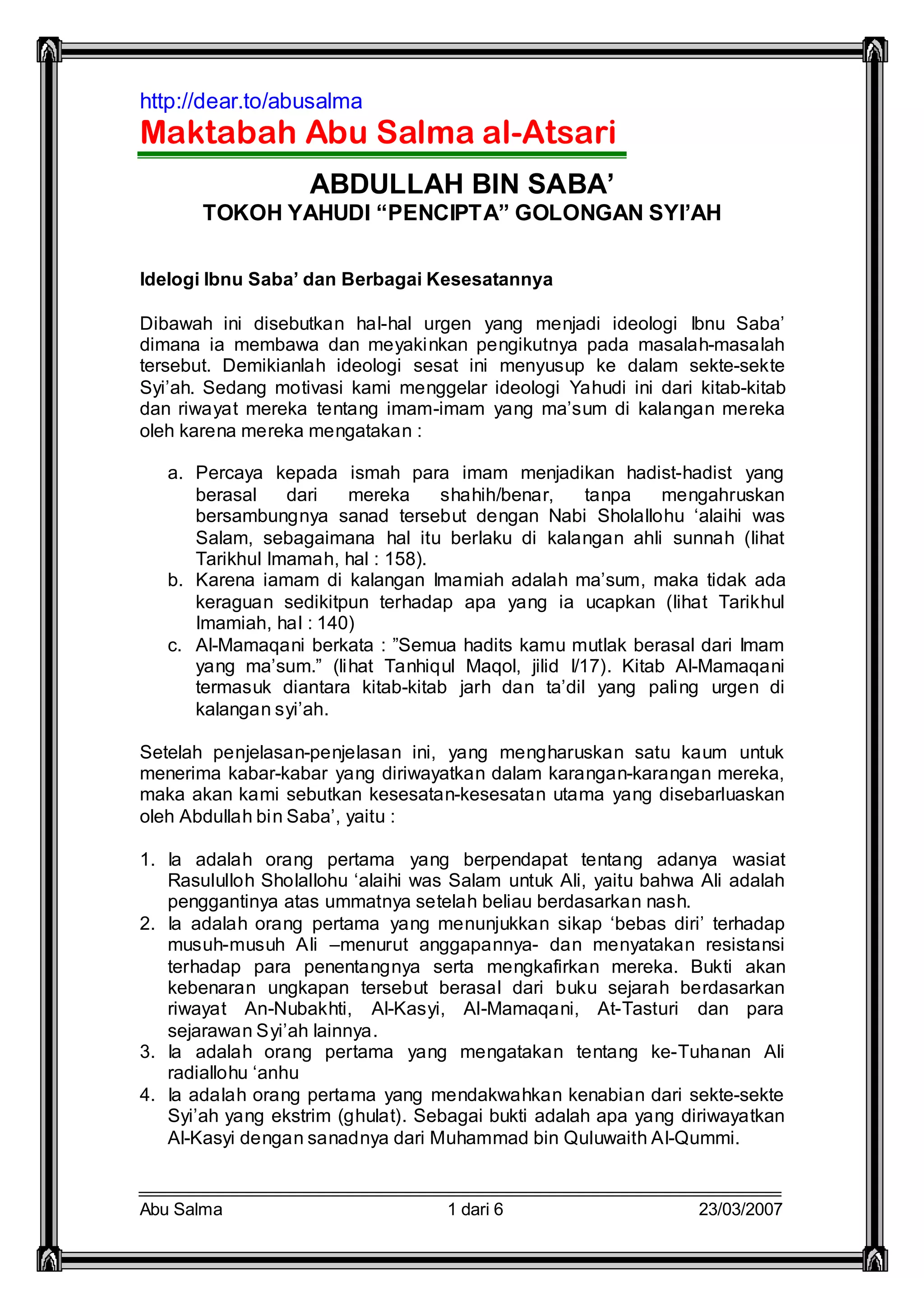 Abdullah bin saba tokoh yahudi pencipta agama syiah | PDF