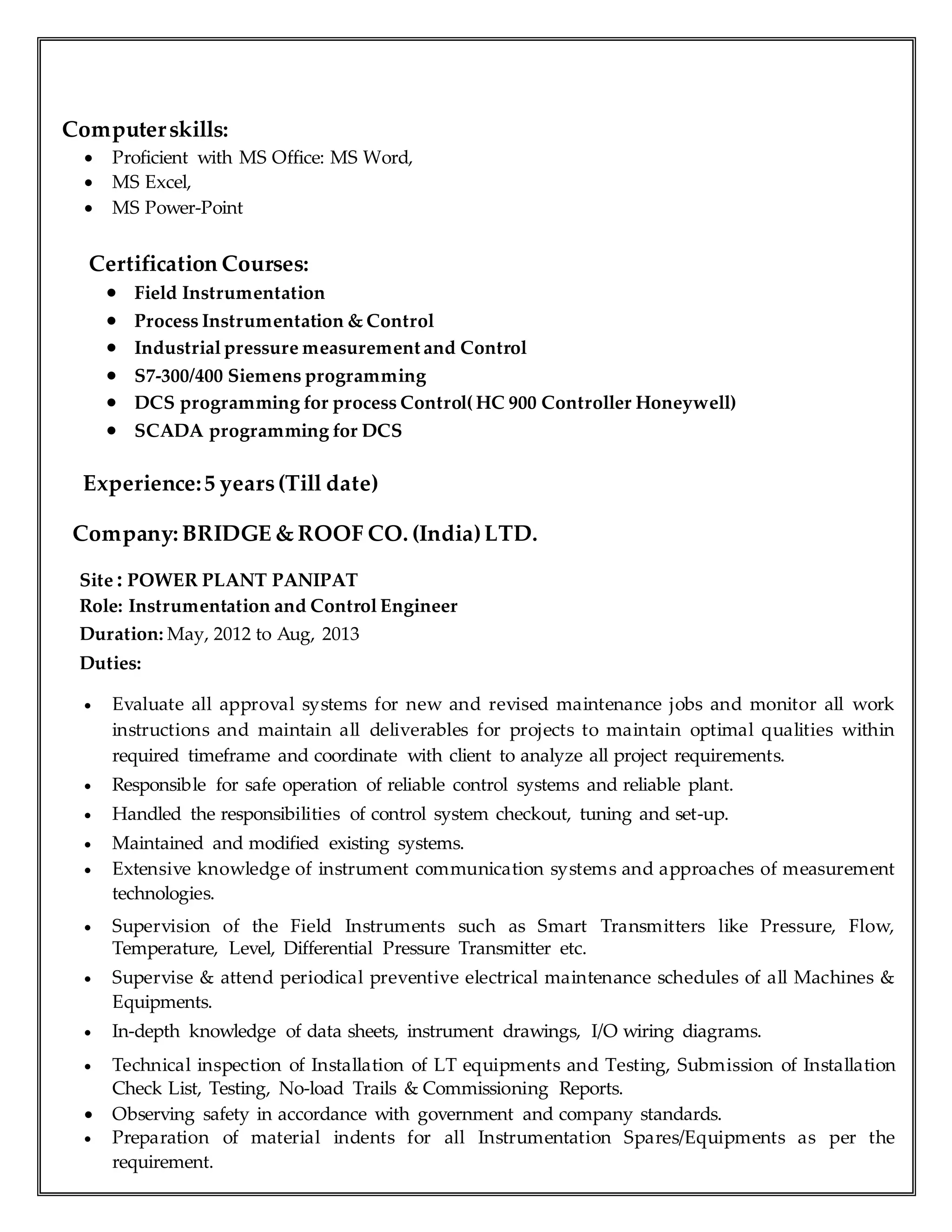 instrumentation Engineering Cv | DOCX
