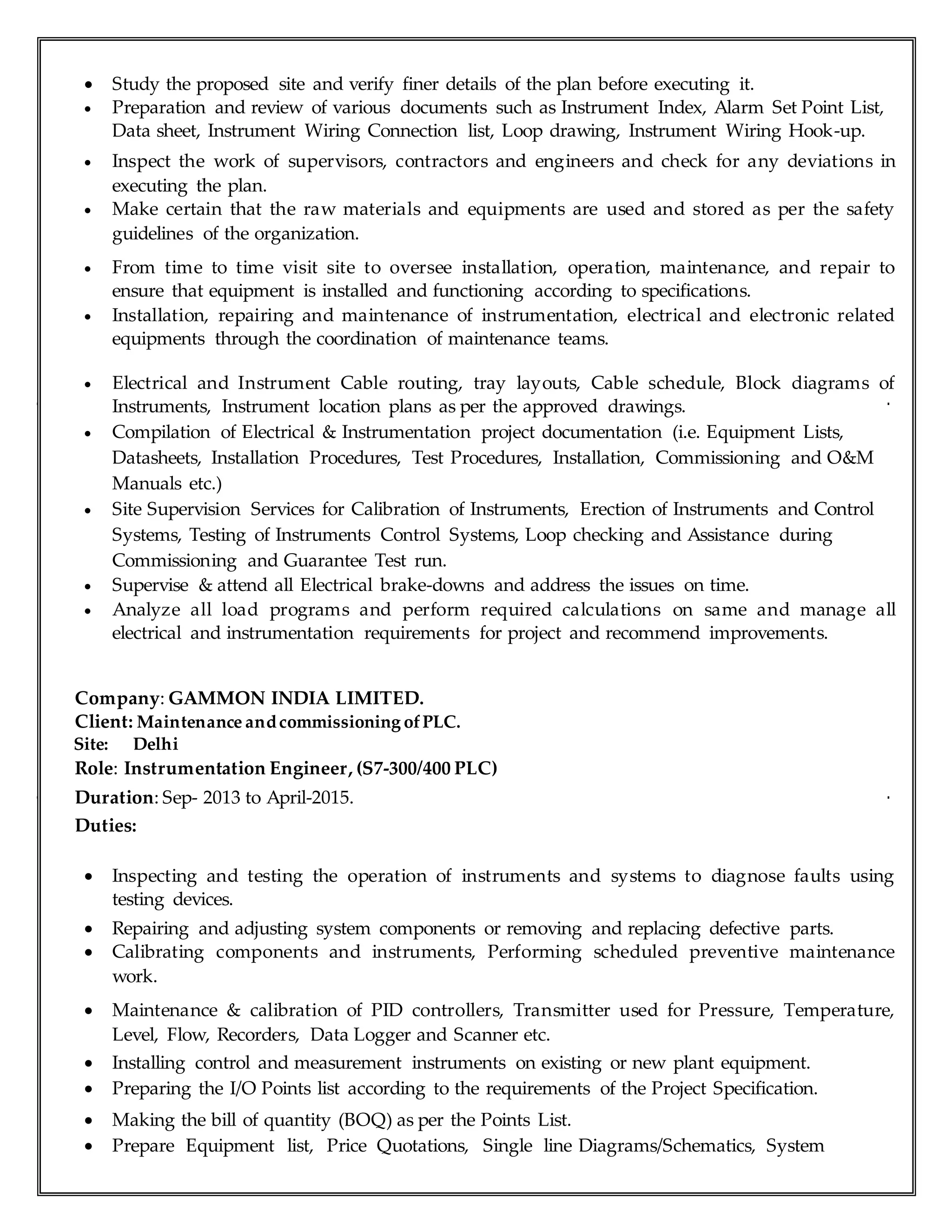 instrumentation Engineering Cv | DOCX