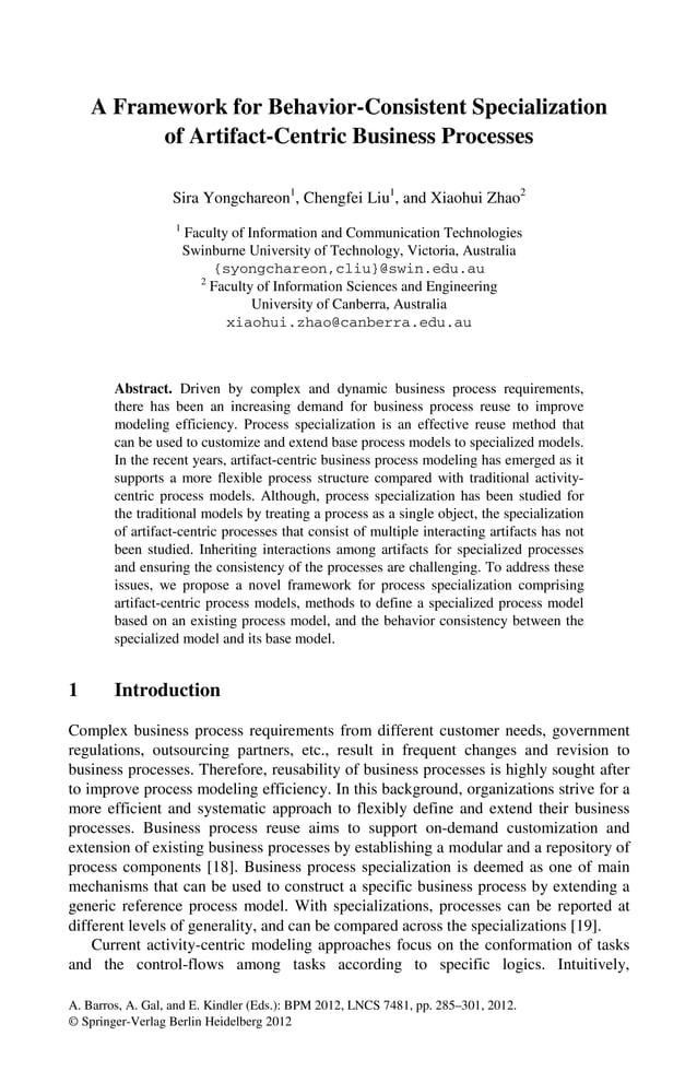 A Framework for Behavior consistent specialization of artifact-centric business processes | PDF