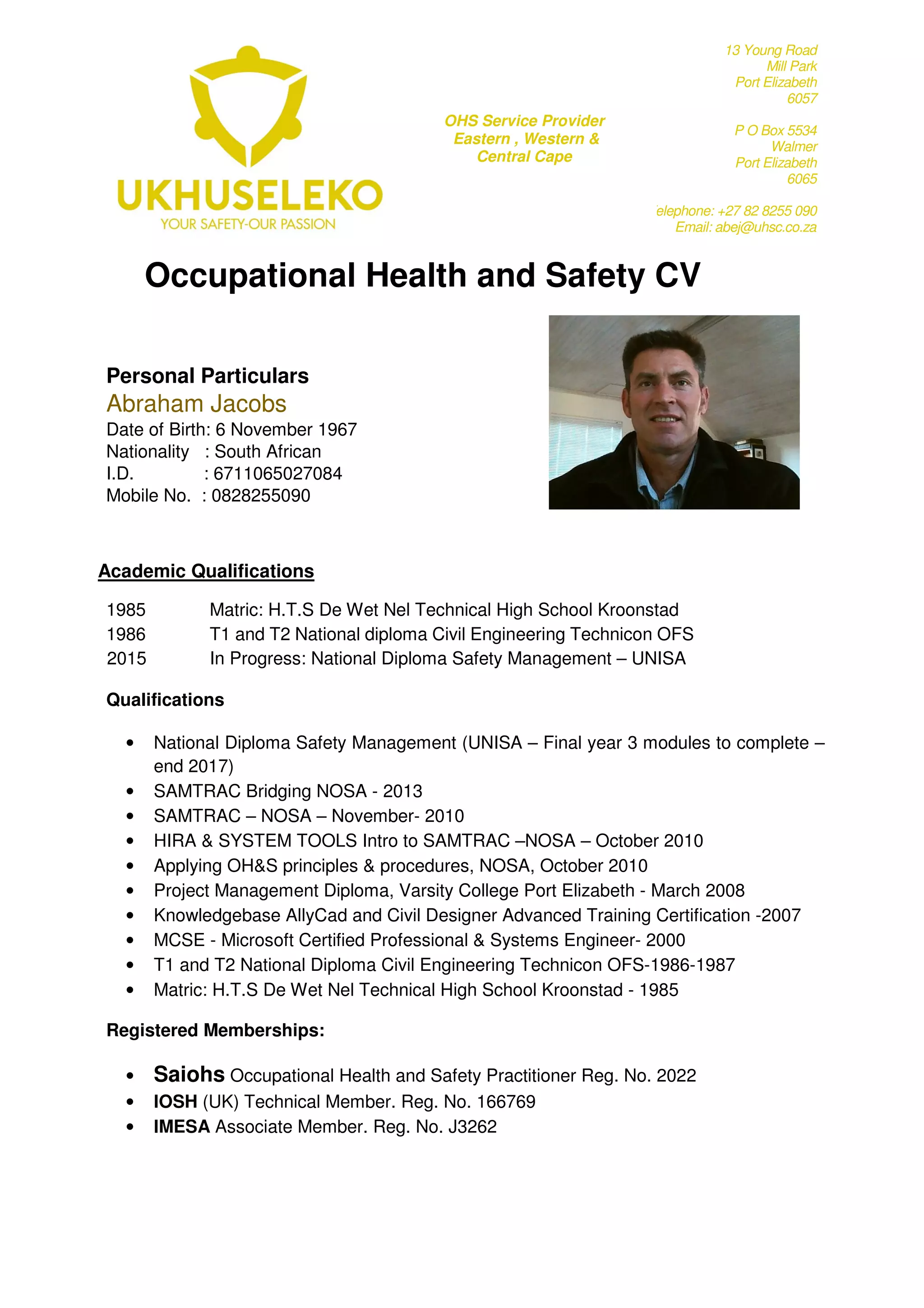 Abe jacobs occupational health and safety cv sept2017 | PDF | Civil Engineering Industry ...