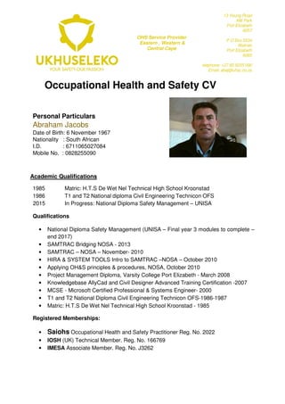 Abe jacobs occupational health and safety cv sept2017 | PDF | Civil ...