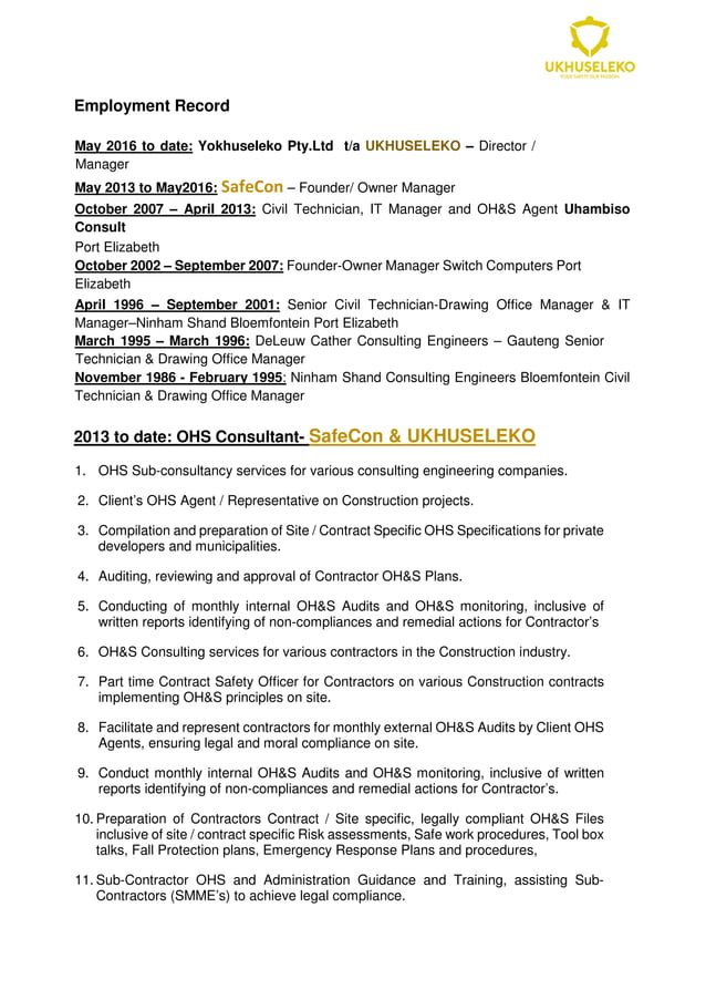 Abe jacobs occupational health and safety cv sept2017 | PDF | Civil Engineering Industry ...