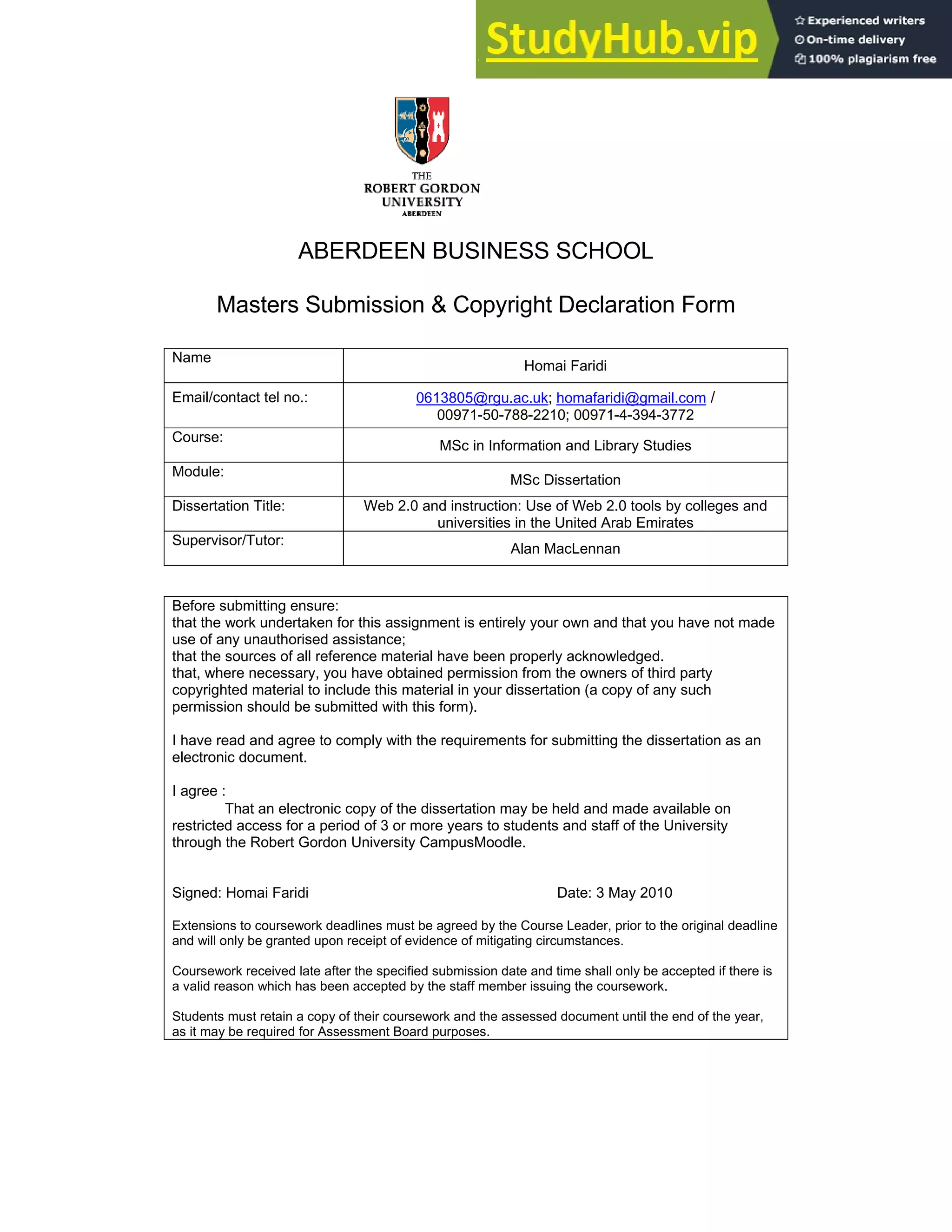 ABERDEEN BUSINESS SCHOOL Masters Submission Copyright Declaration Form ...