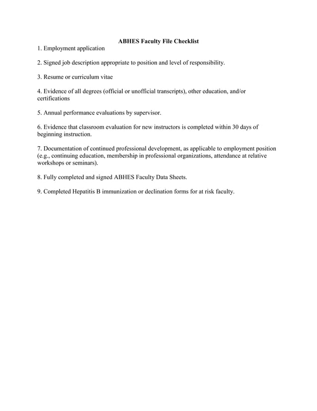 Abhes faculty file checklist | DOCX